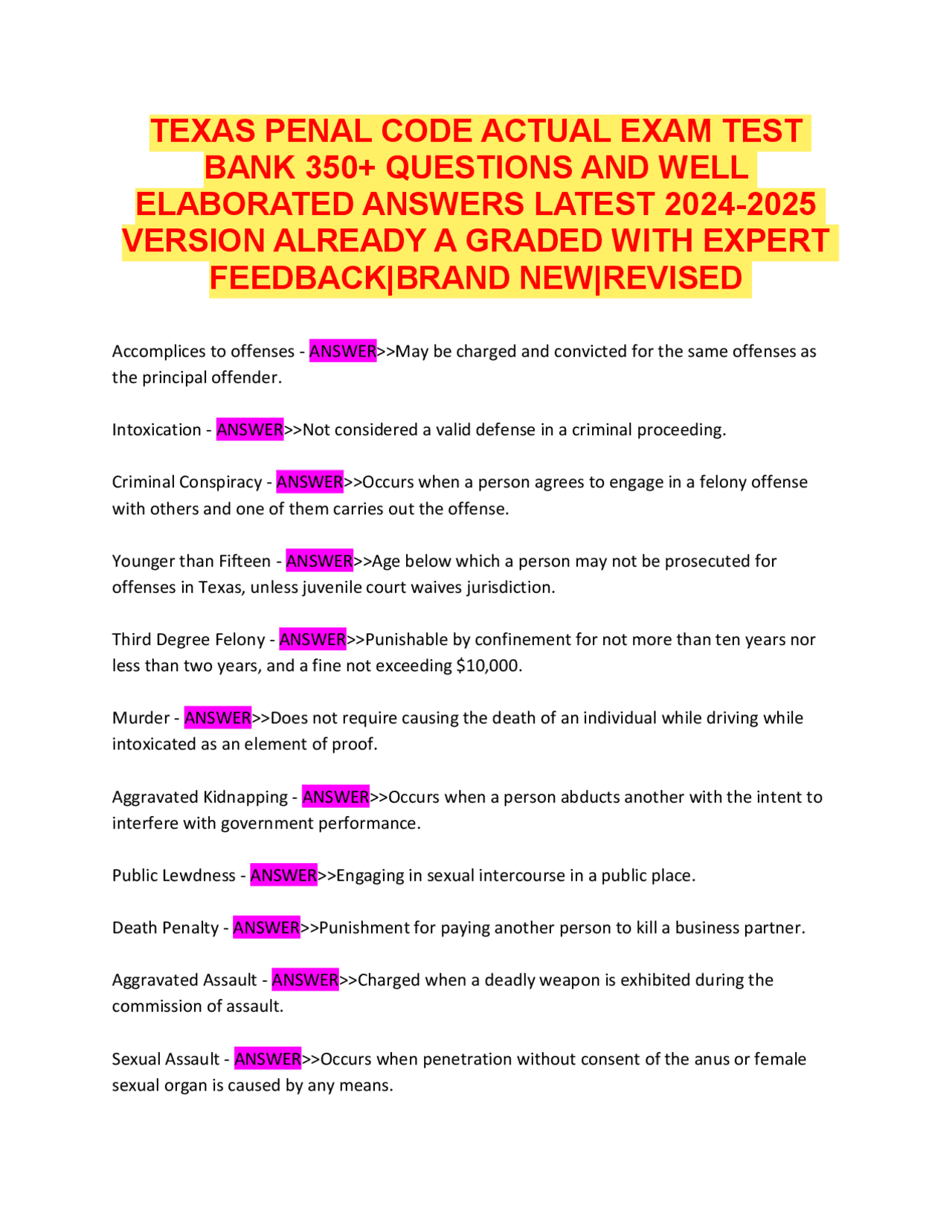 TEXAS PENAL CODE ACTUAL EXAM TEST BANK 350+ QUESTIONS AND WELL ...