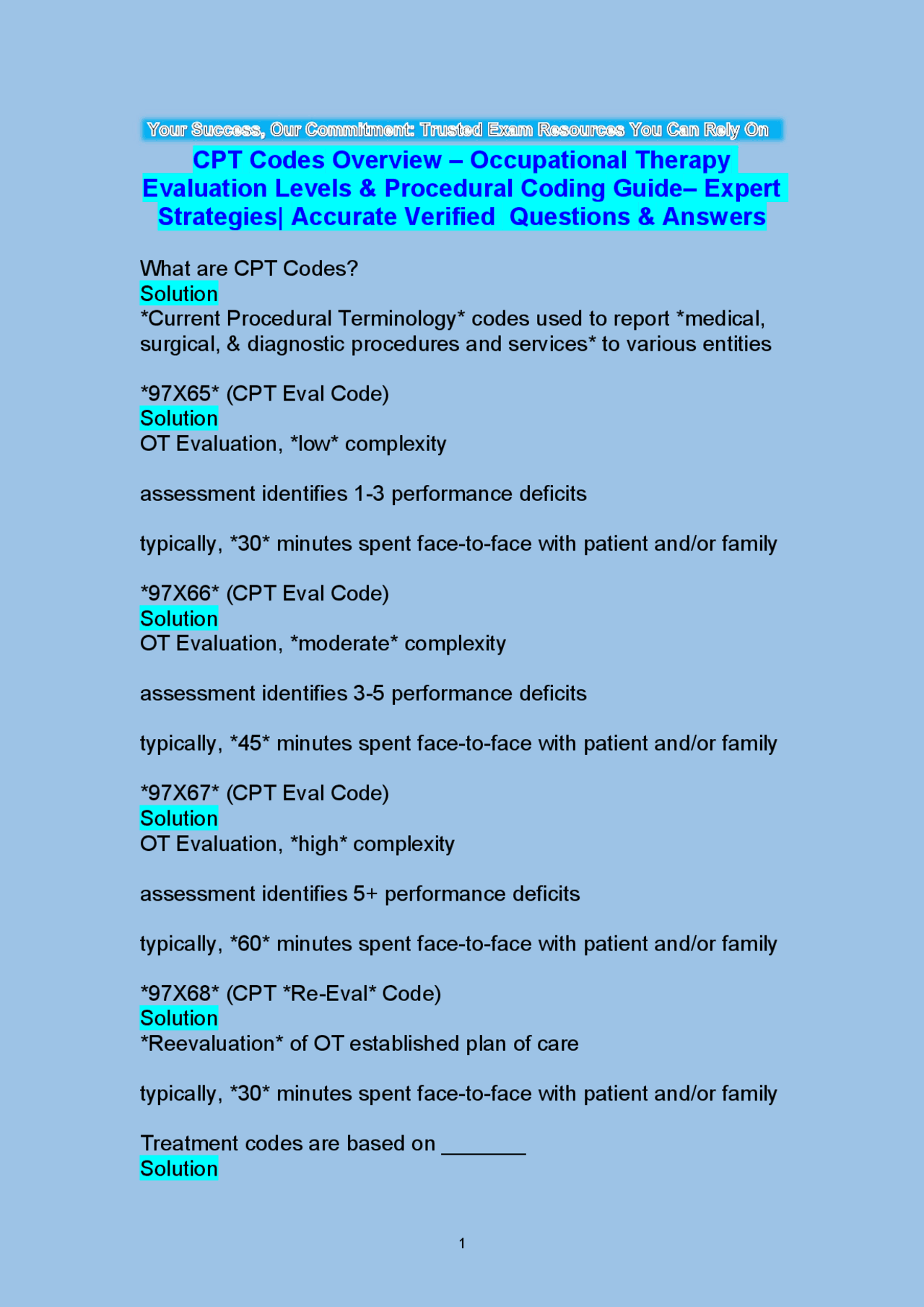 CPT Codes Overview– Occupational Therapy Evaluation Levels & Procedural ...
