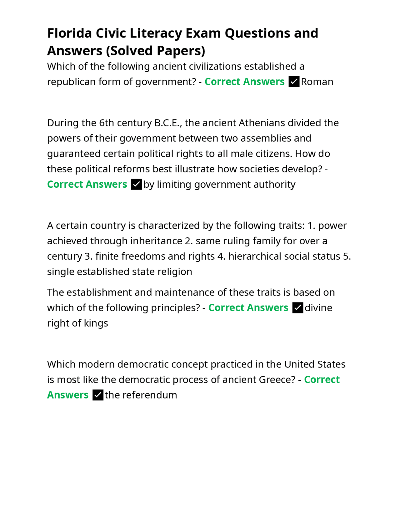 Florida Civic Literacy Exam Questions and Answers (Solved Papers ...