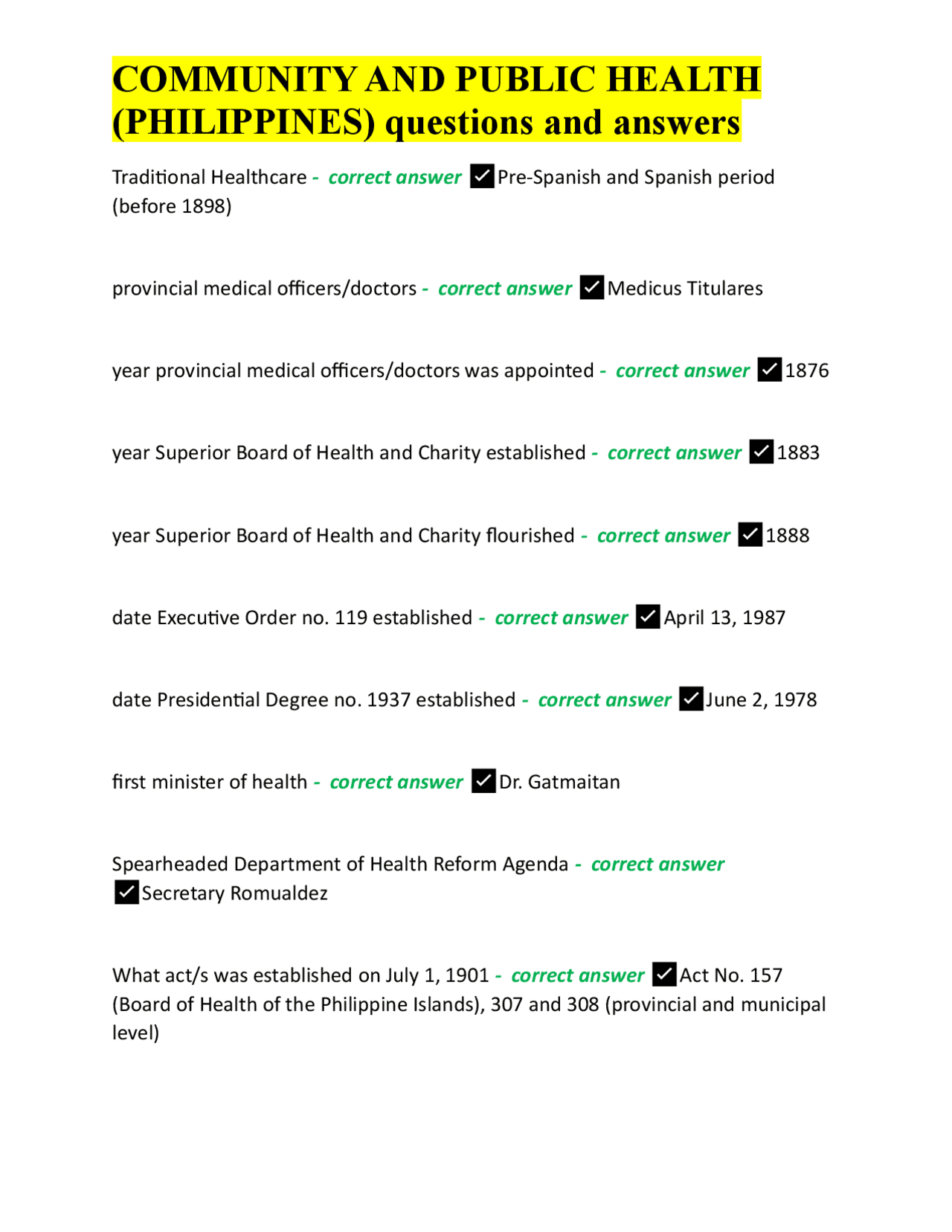 COMMUNITY AND PUBLIC HEALTH (PHILIPPINES) questions and answers | Exams ...