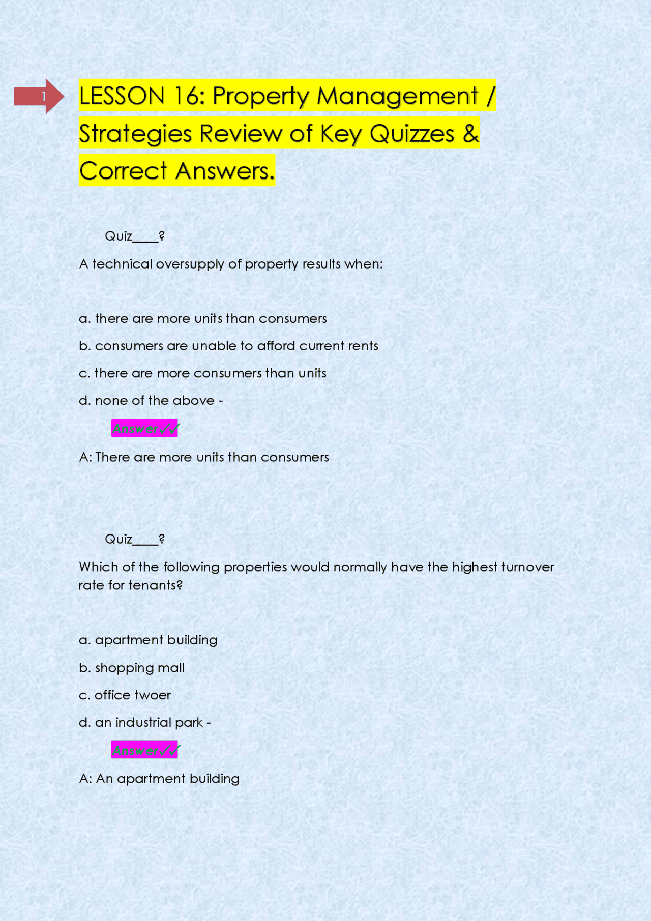 LESSON 16: Property Management / Strategies Review of Key Quizzes ...