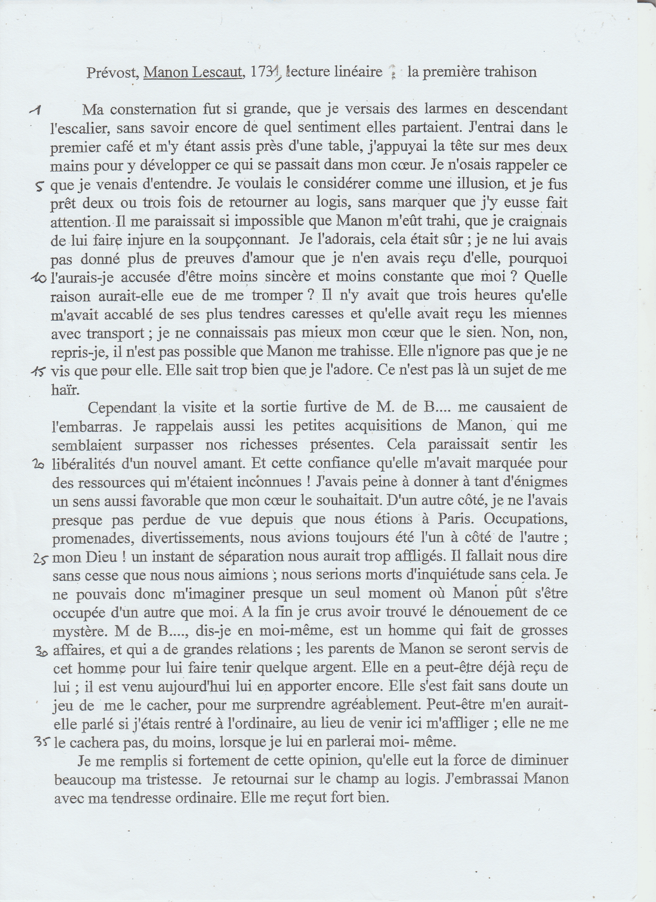 Texte lecture linéaire Manon lescault, la première trahison | Examens ...