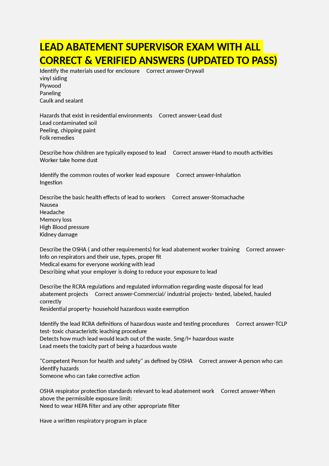 LEAD ABATEMENT SUPERVISOR EXAM WITH ALL CORRECT & VERIFIED ANSWERS ...