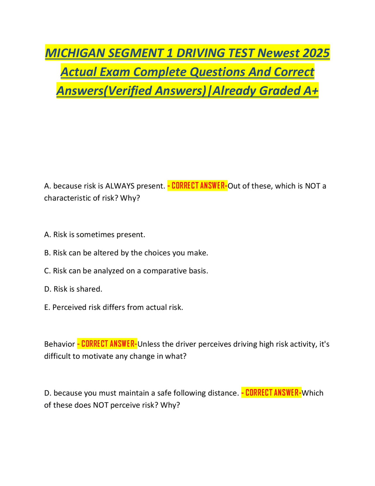 MICHIGAN SEGMENT 1 DRIVING TEST Newest 2025 Actual Exam Complete ...