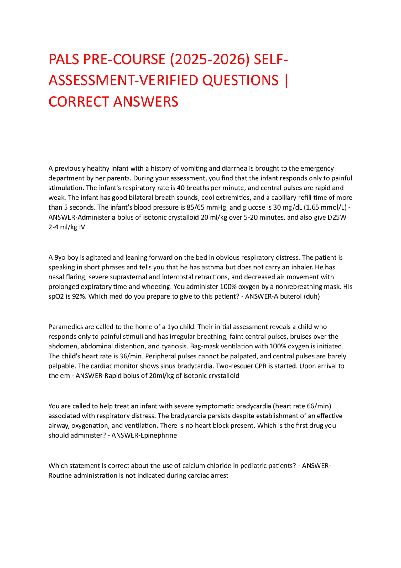 PALS PRE-COURSE (2025-2026) SELFASSESSMENT-VERIFIED QUESTIONS | CORRECT ...