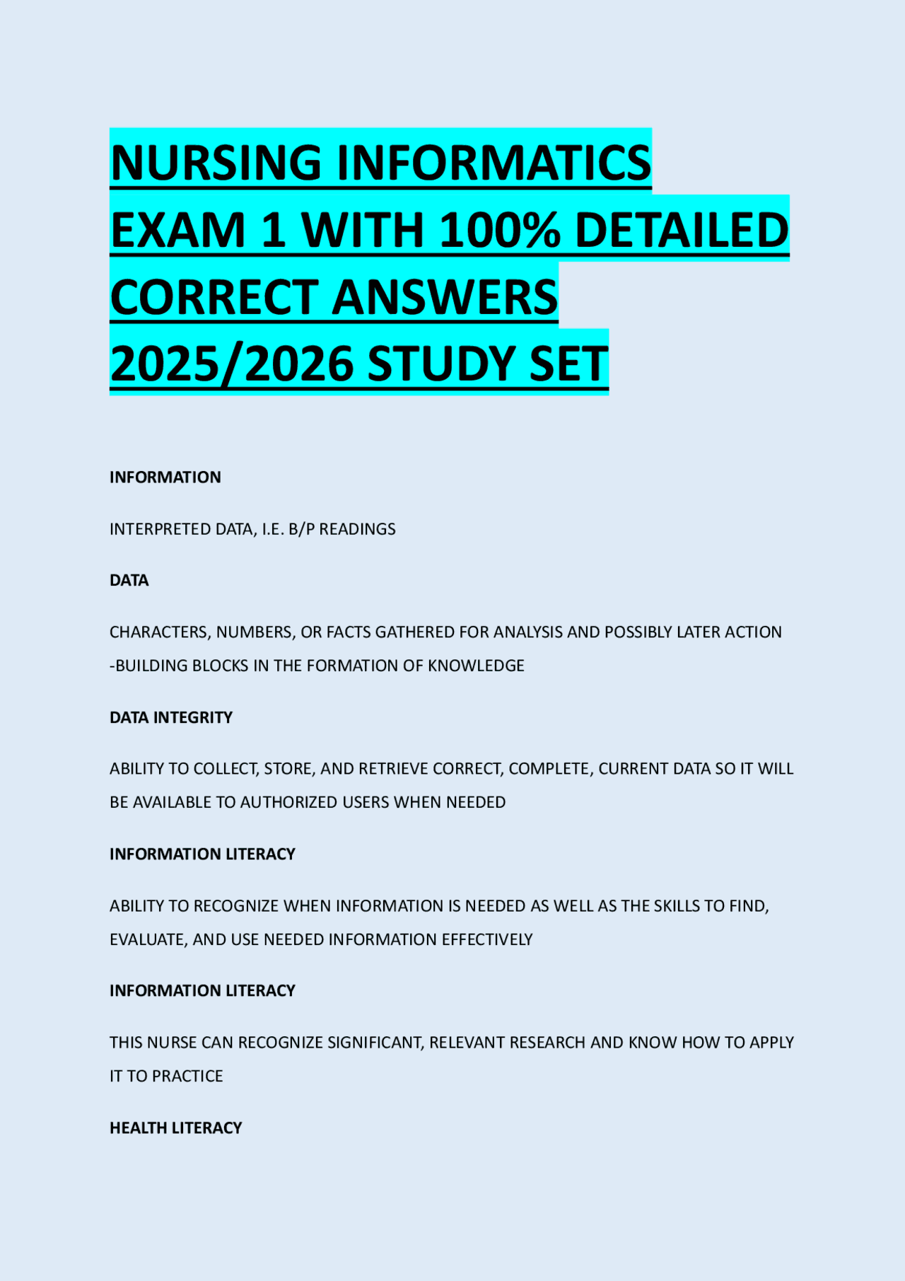 NURSING INFORMATICS EXAM 1 WITH 100% DETAILED CORRECT ANSWERS 2025/2026 ...