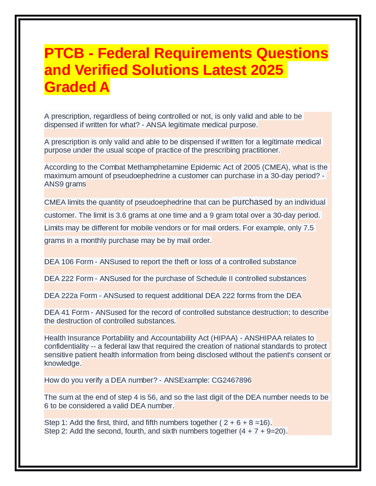 PTCB - Federal Requirements Questions and Verified Solutions Latest ...