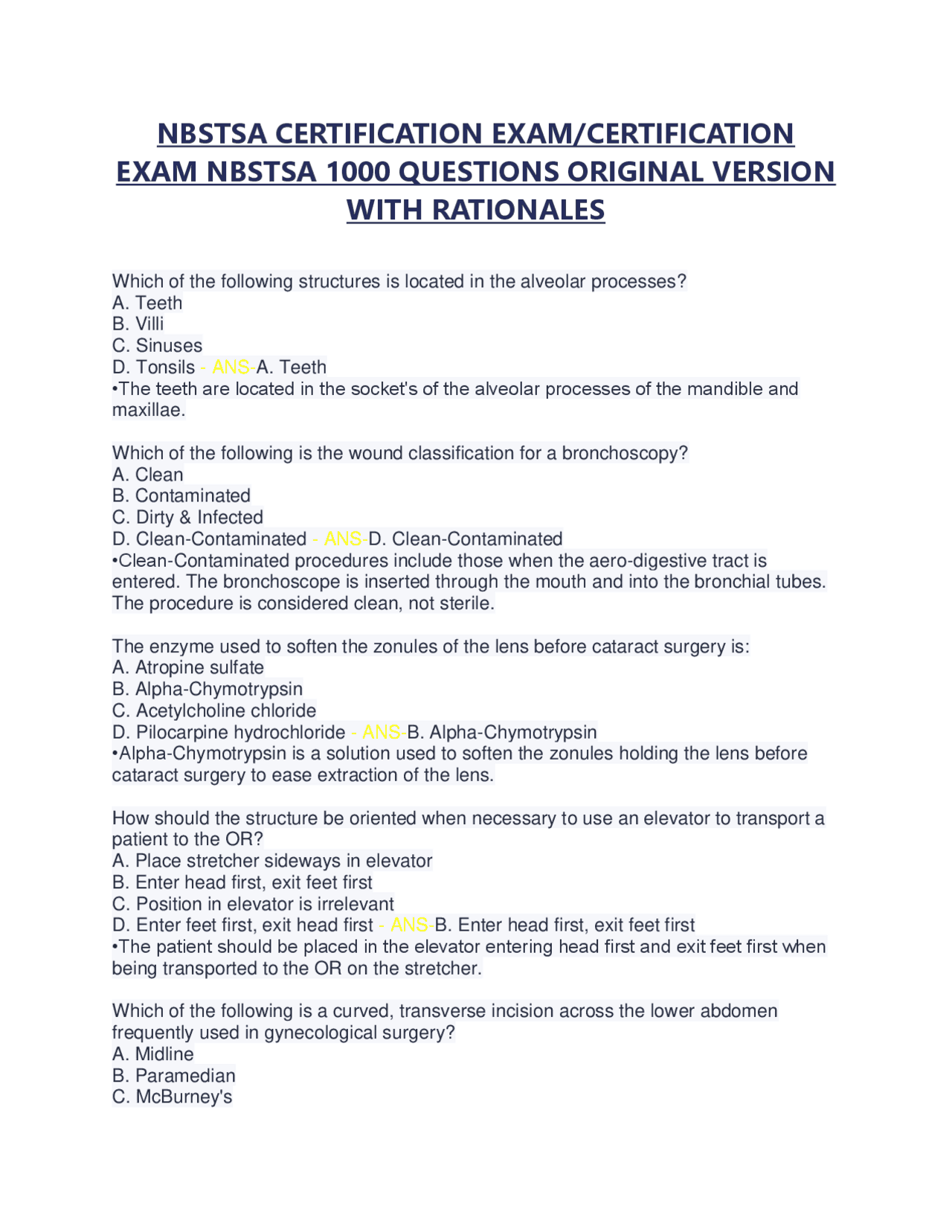 NBSTSA CERTIFICATION EXAM/CERTIFICATION EXAM NBSTSA 1000 QUESTIONS ORIGINAL VERSION WITH R ...