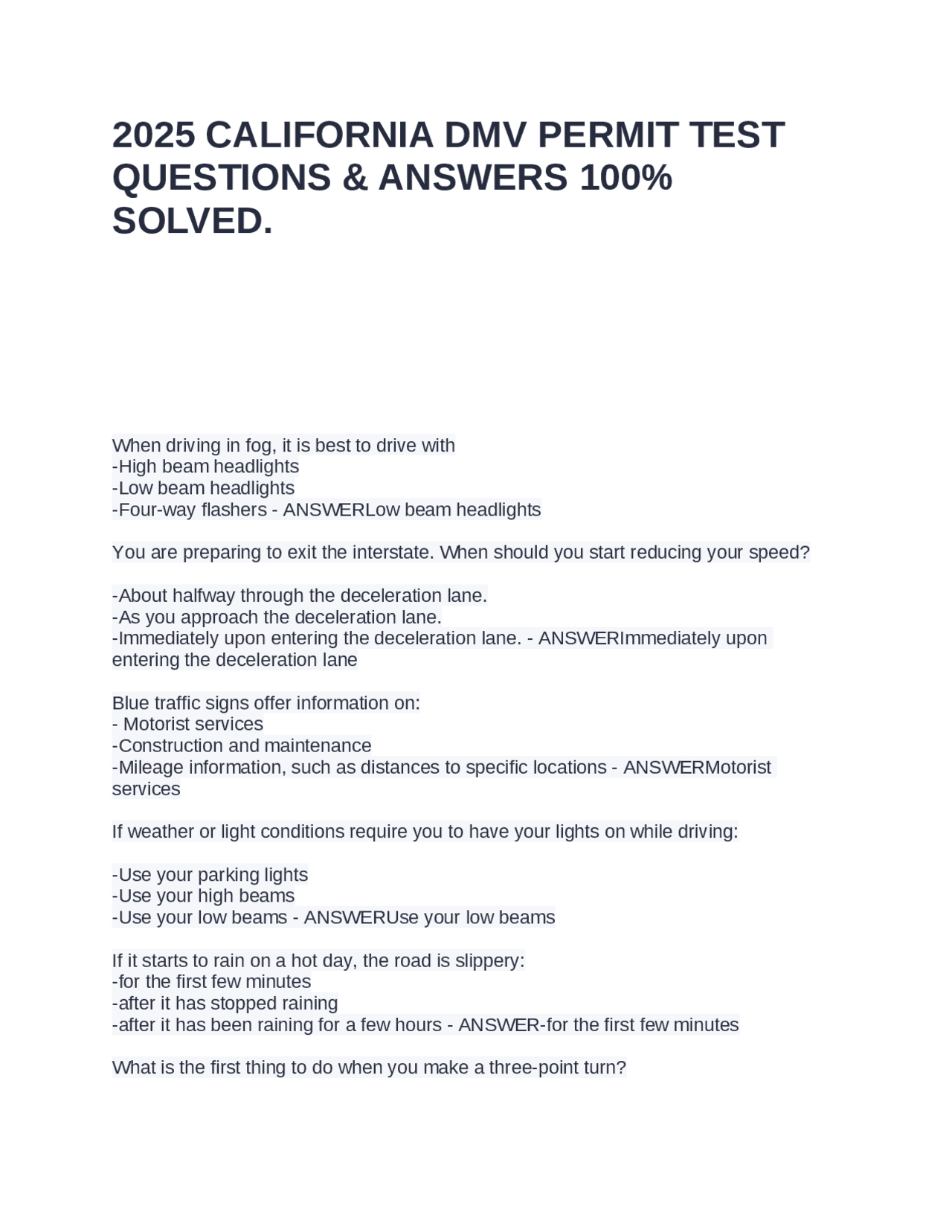 2025 CALIFORNIA DMV PERMIT TEST QUESTIONS & ANSWERS 100% SOLVED ...