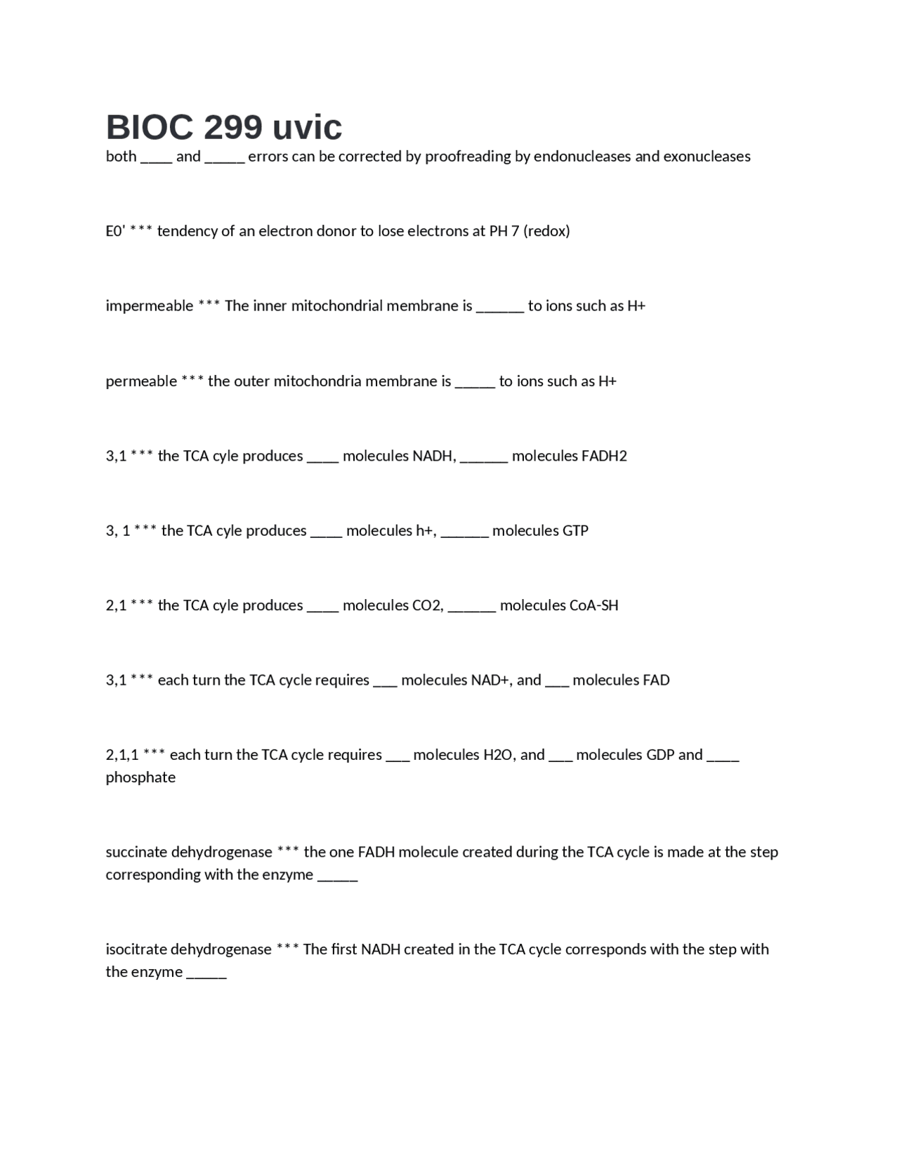 BIOC 299 uvic 2025, Questions And Answers | Exams Biology | Docsity