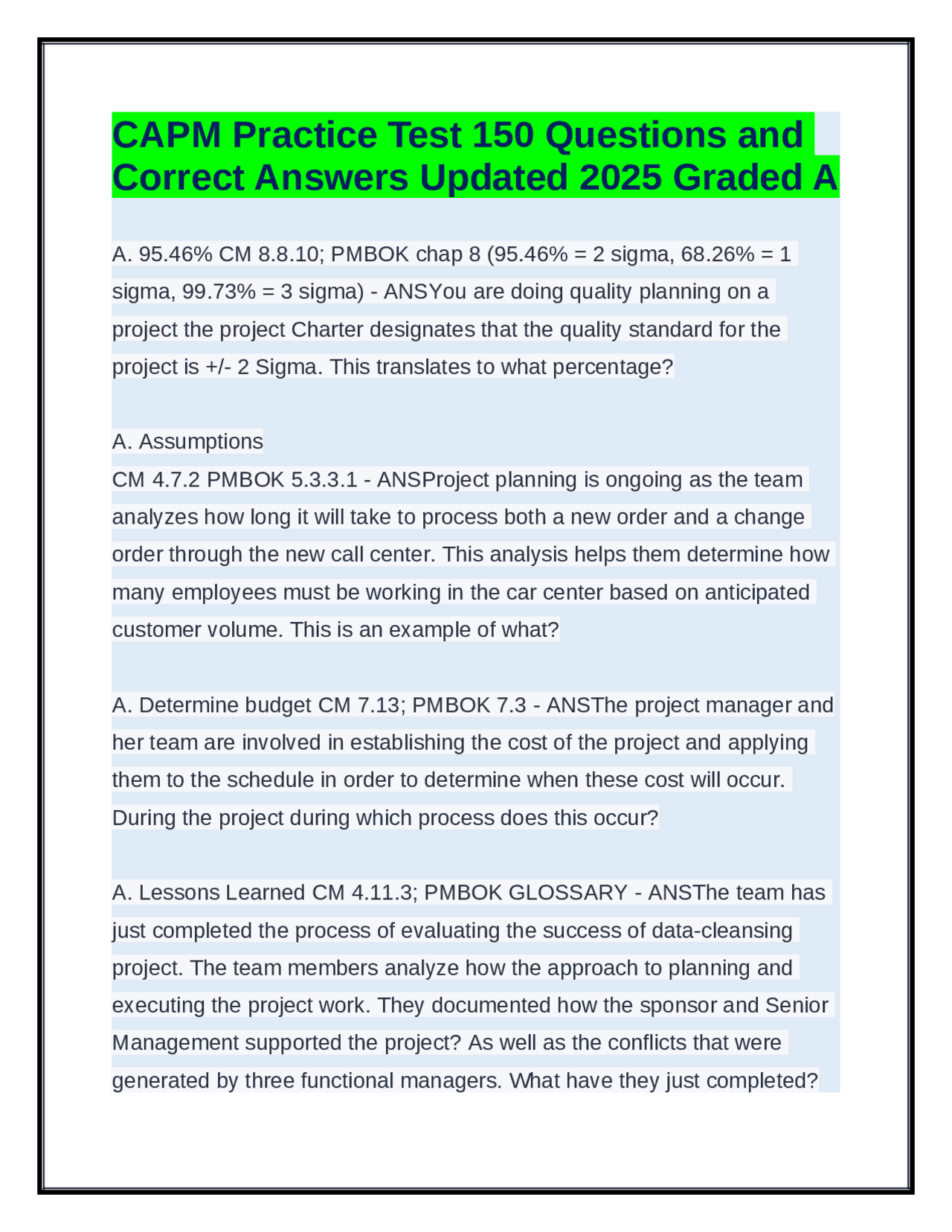 CAPM Practice Test 150 Questions and Answers Updated 2025 Graded A ...