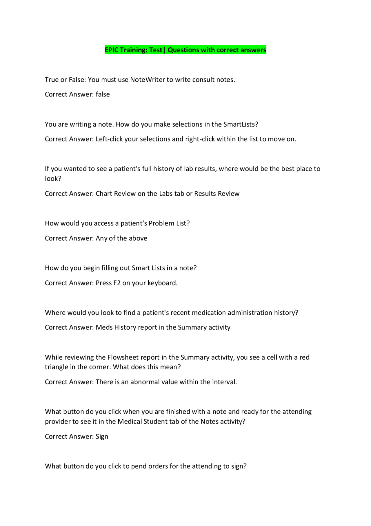 EPIC Training: Test| Questions with correct answers | Exams Nursing ...