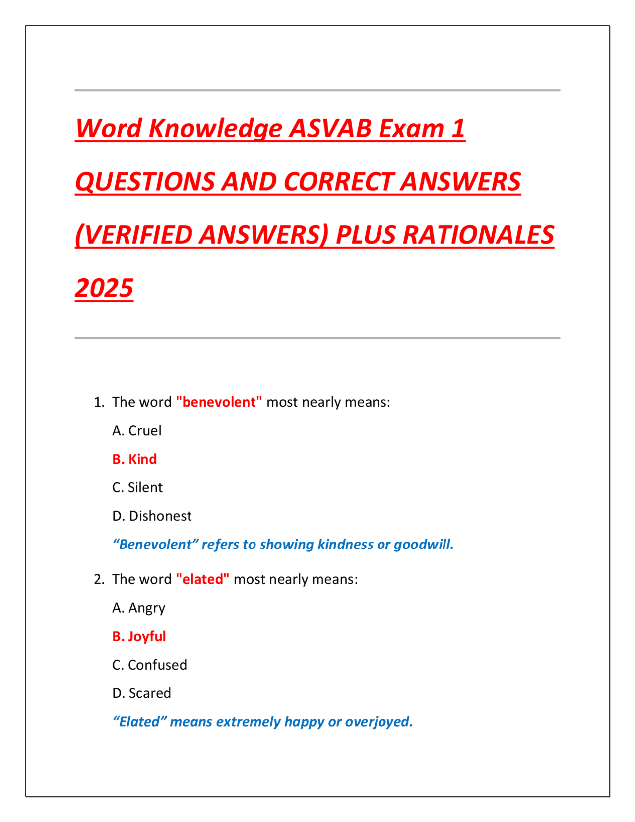 Word Knowledge ASVAB Exam 1 QUESTIONS AND CORRECT ANSWERS (VERIFIED ...