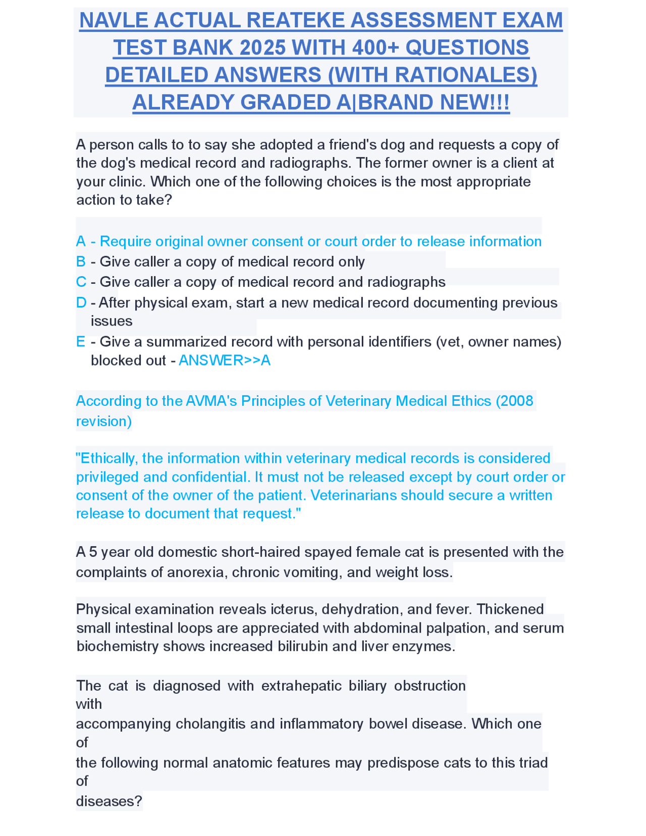 NAVLE ACTUAL REATEKE ASSESSMENT EXAM TEST BANK 2025 WITH 400+ QUESTIONS ...