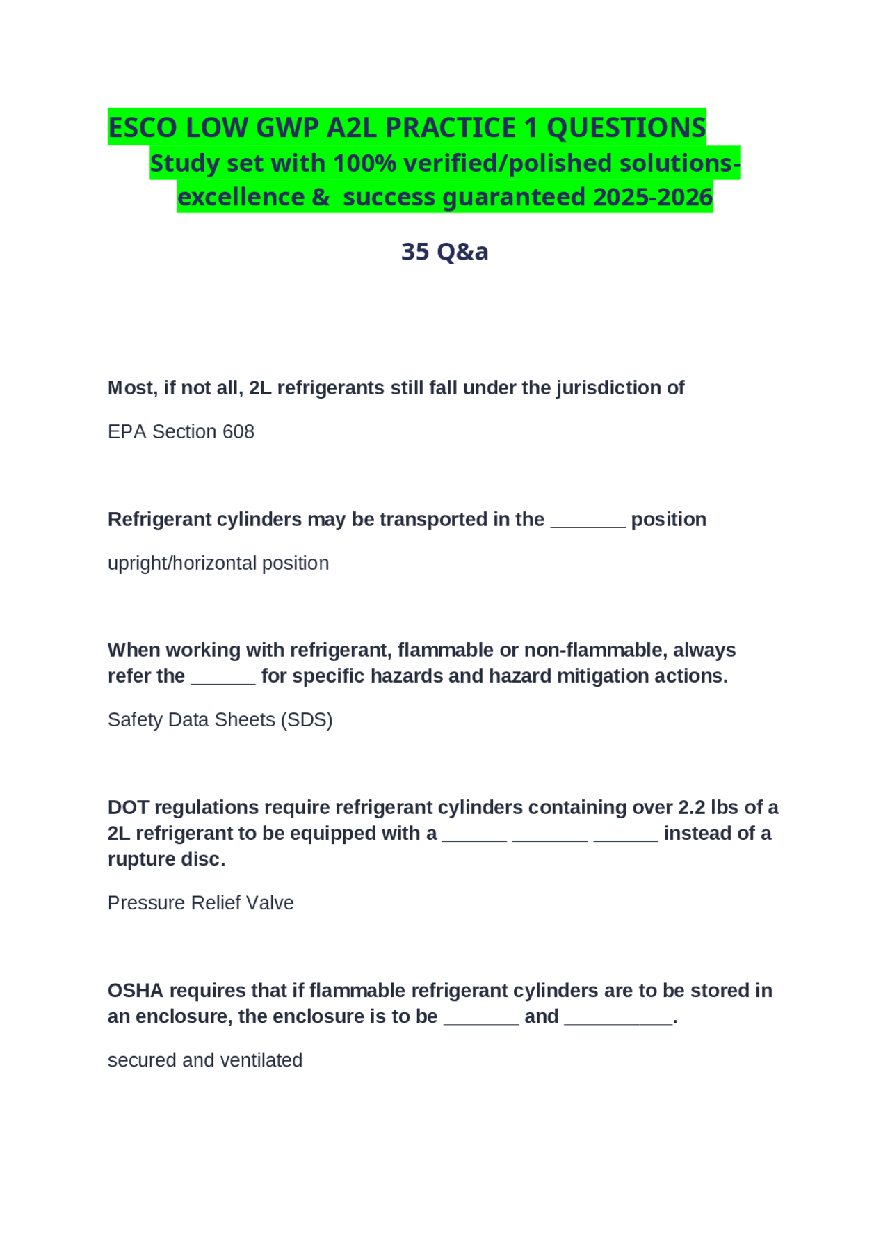 ESCO LOW GWP A2L PRACTICE 1 QUESTIONS Study set with 100% verified ...