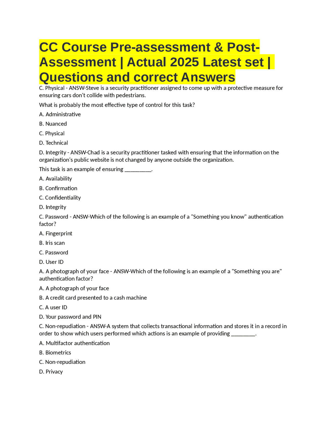 CC Course Pre-assessment & Post-Assessment | Actual 2025 Latest set ...