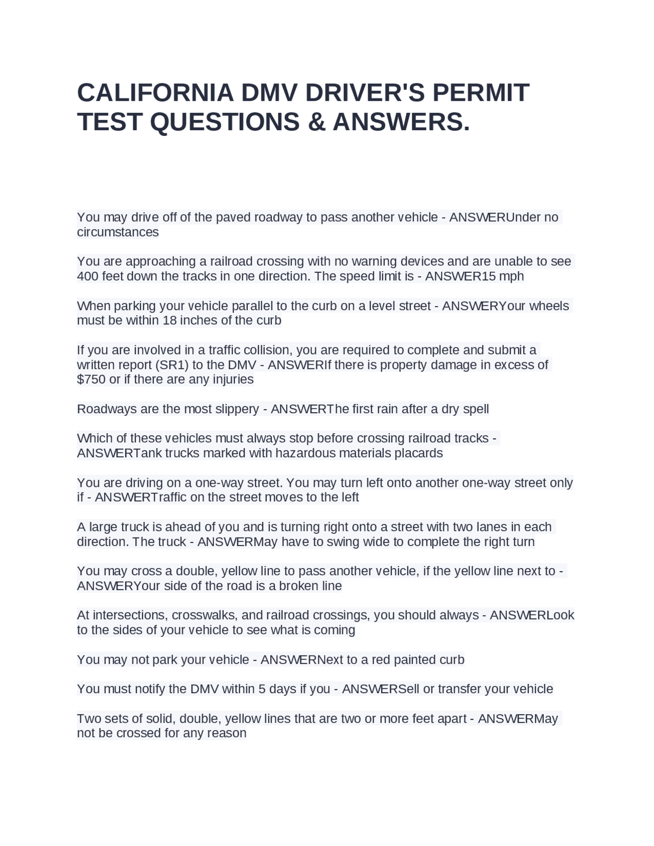 CALIFORNIA DMV DRIVER'S PERMIT TEST QUESTIONS & ANSWERS. | Exams ...
