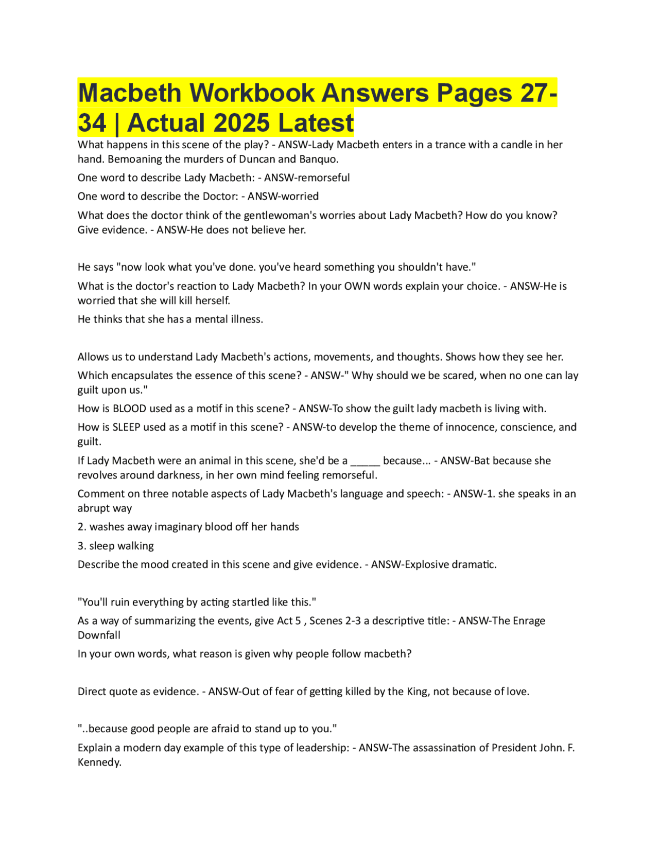 Macbeth Workbook Answers Pages 27-34 | Actual 2025 Latest | Exams ...