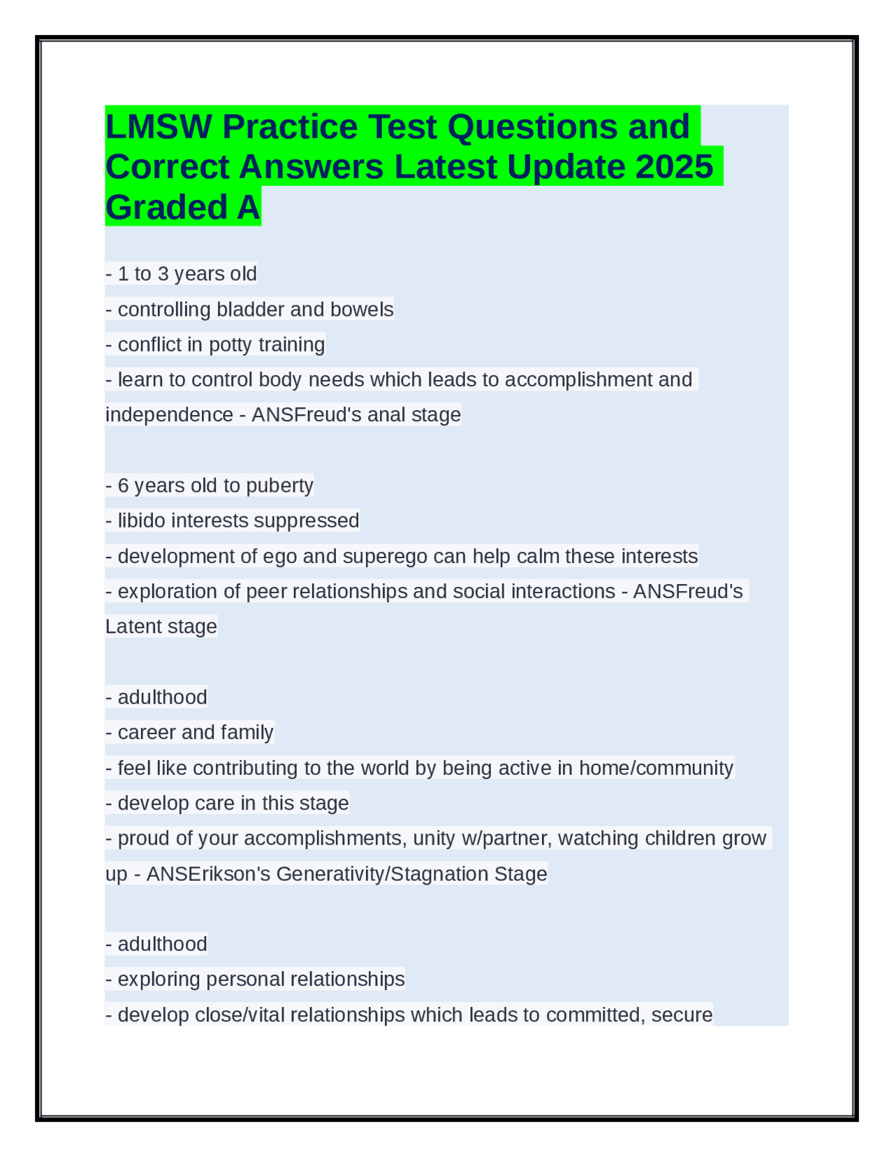 LMSW Practice Test Questions and Answers Latest Update 2025 Graded A ...