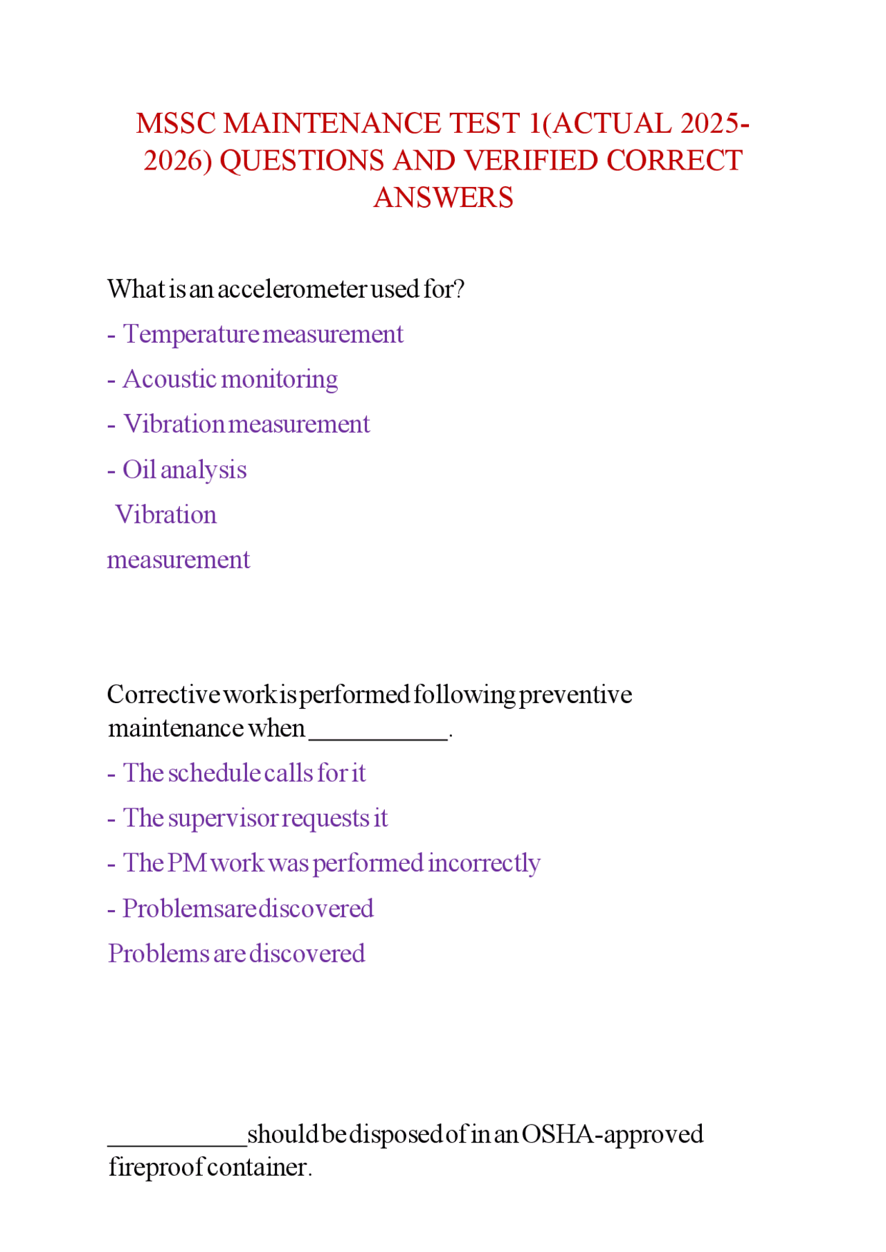 MSSC MAINTENANCE TEST 1(ACTUAL 2025-2026) QUESTIONS AND VERIFIED ...