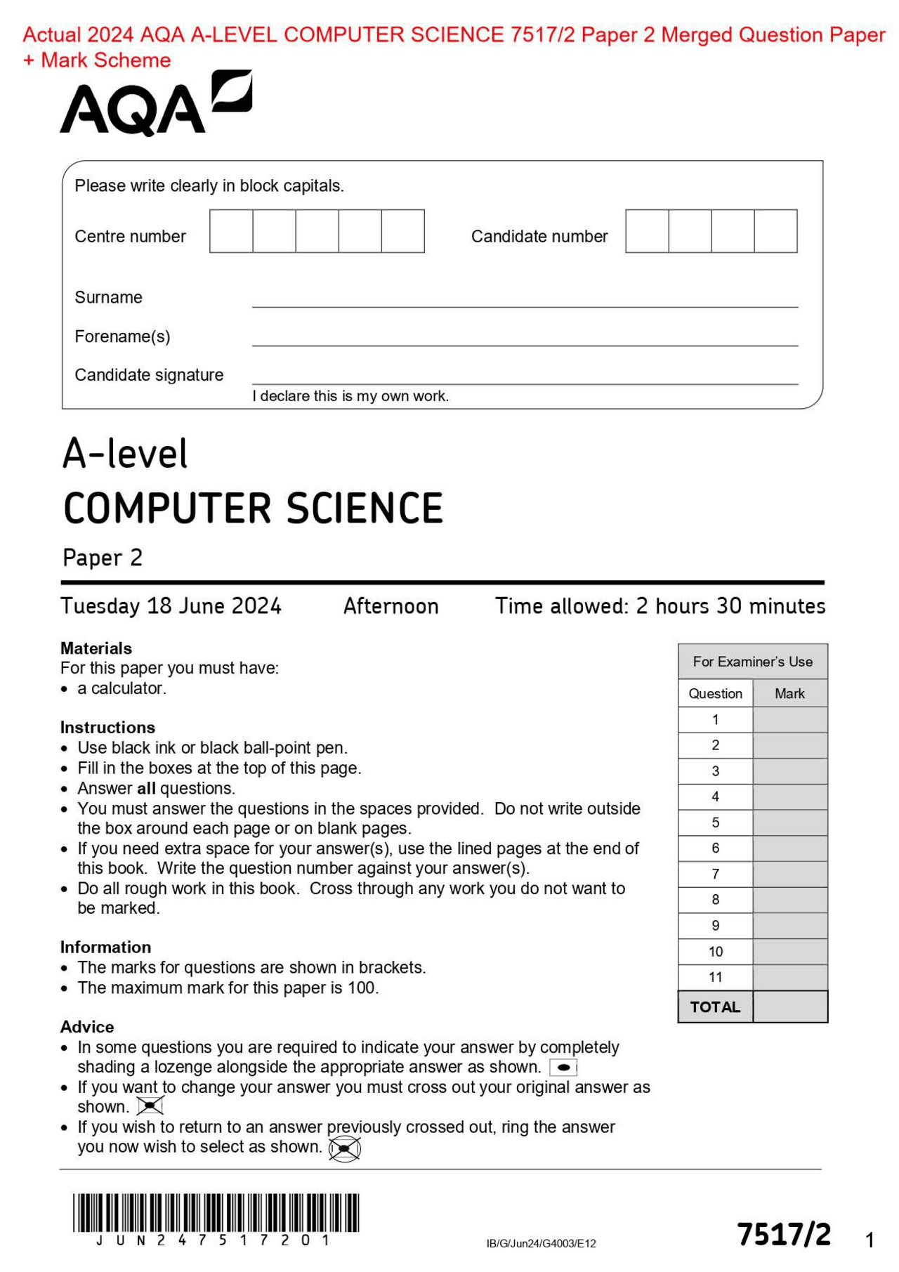 . Actual 2024 AQA A-LEVEL COMPUTER SCIENCE 7517/2 Paper 2 Merged Question Paper + Mark Sc ...