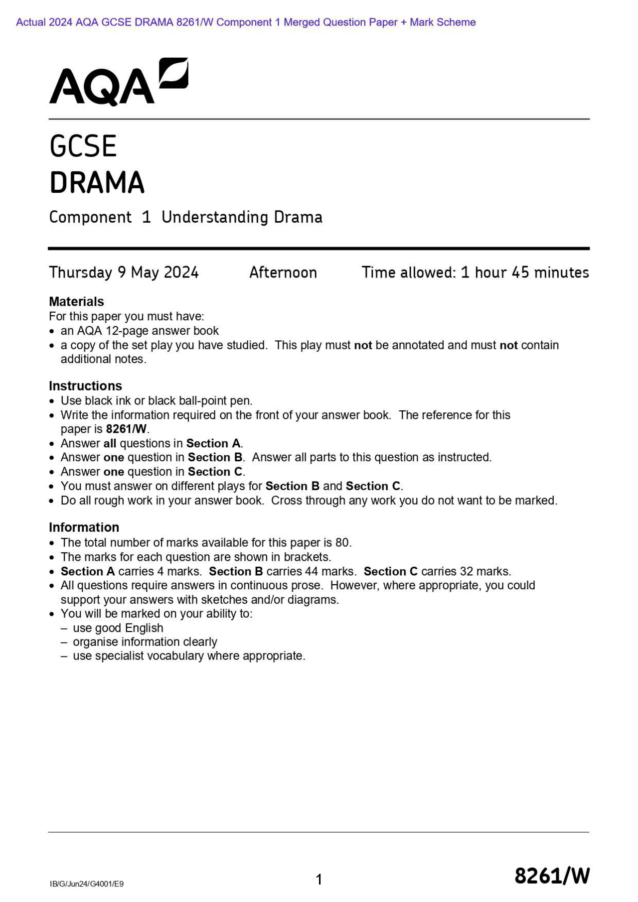 Actual 2024 AQA GCSE DRAMA 8261/W Component 1 Merged Question Paper ...