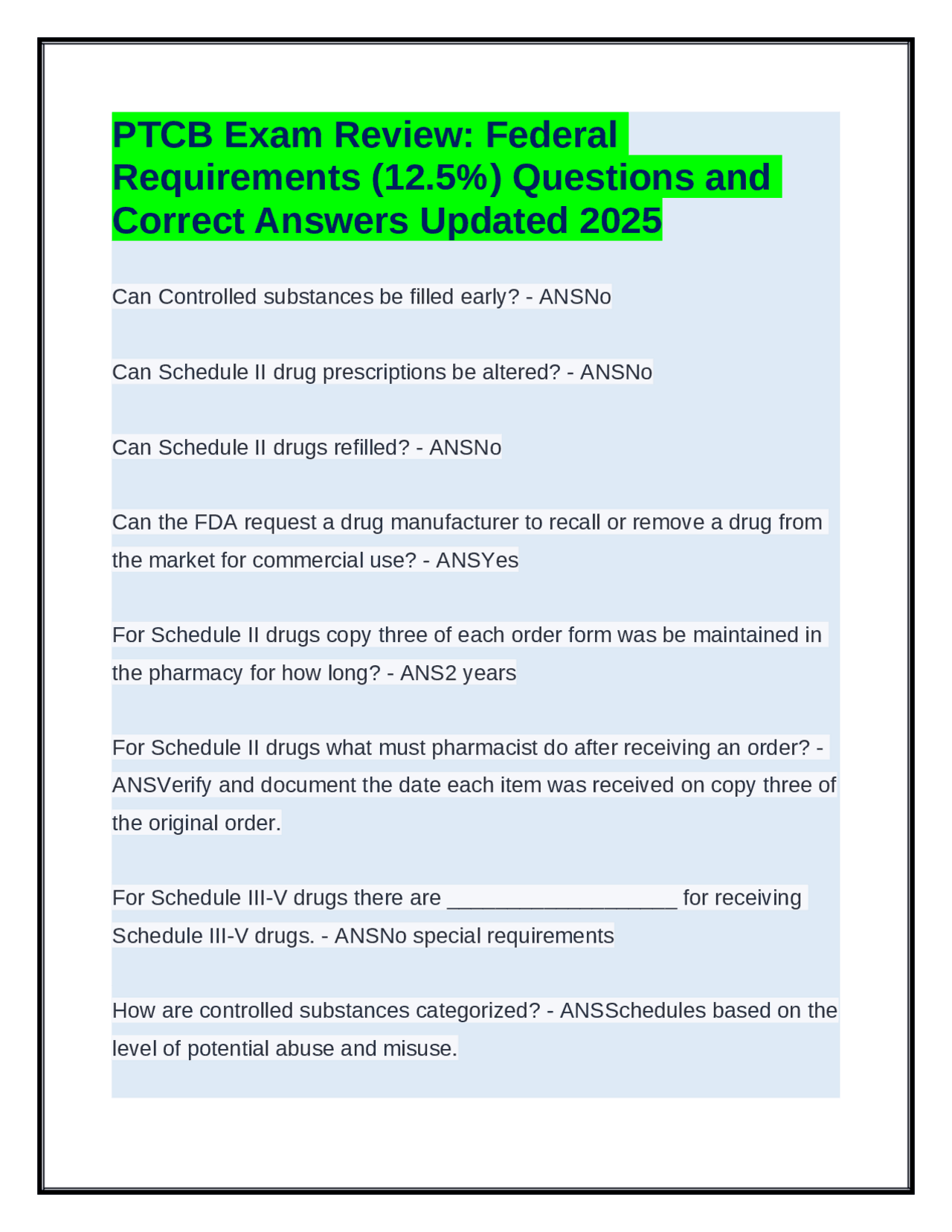 PTCB Exam Review: Federal Requirements (12.5%) Questions & Answers ...