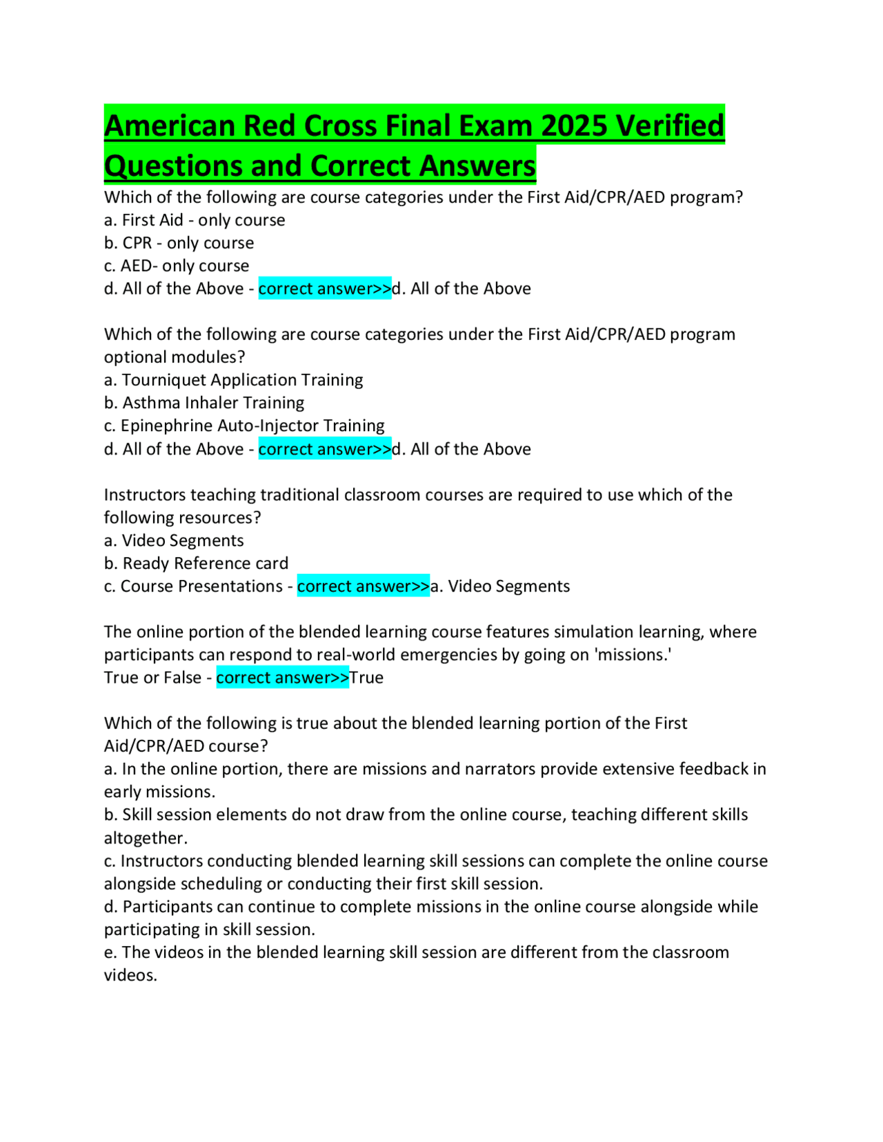 American Red Cross Final Exam 2025 Verified Questions and Correct ...