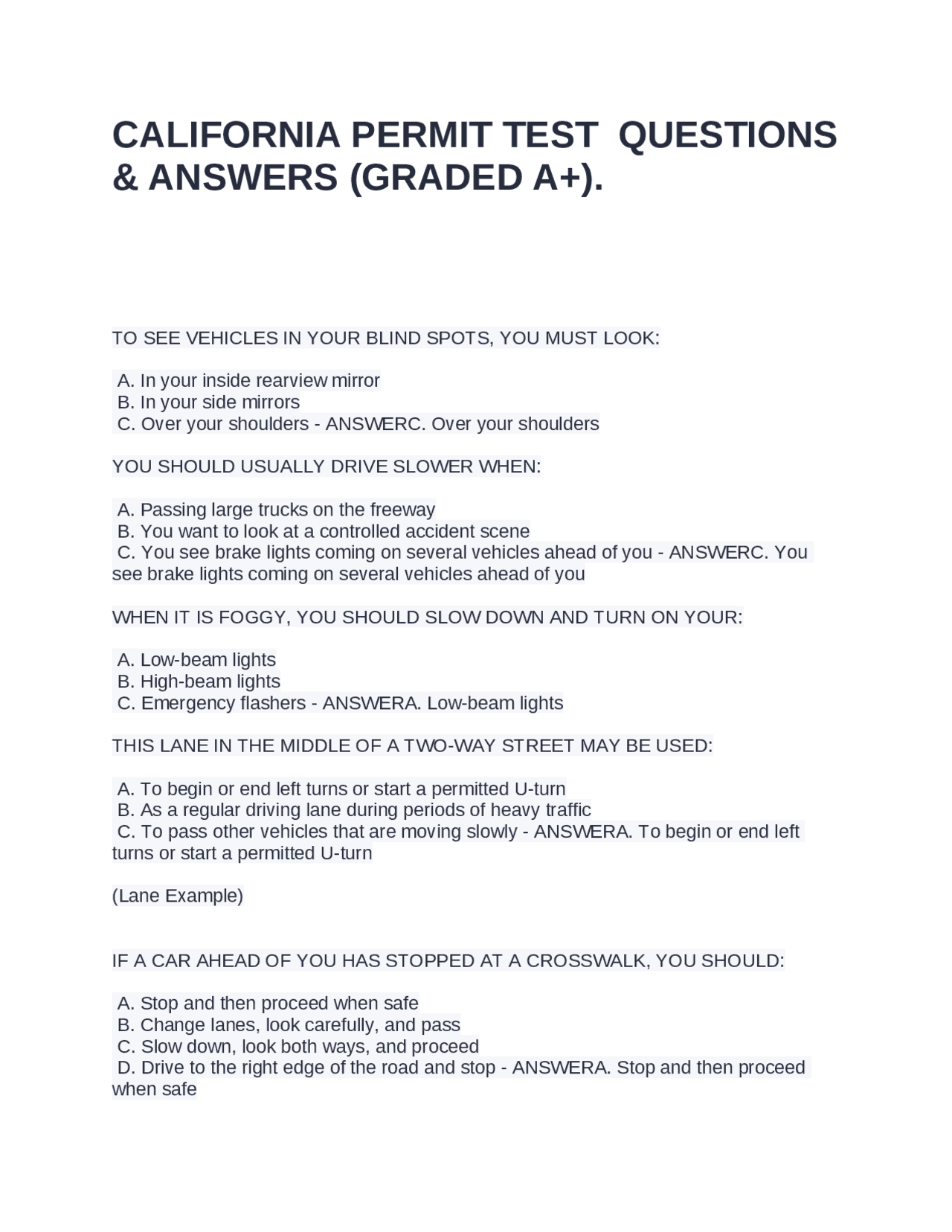 CALIFORNIA PERMIT TEST QUESTIONS & ANSWERS (GRADED A+). | Exams ...