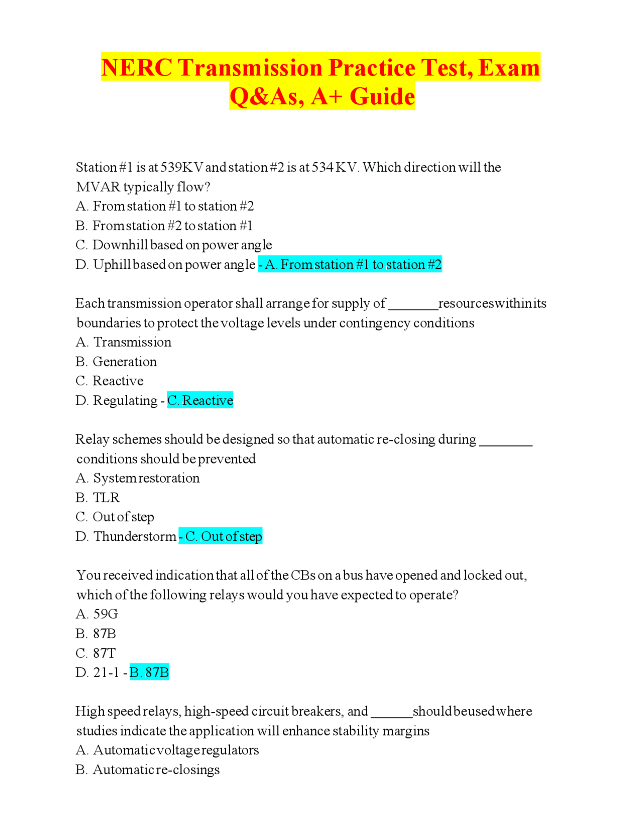 NERC Transmission Practice Test, Exam Q&As, A+ Guide | Exams Nursing ...