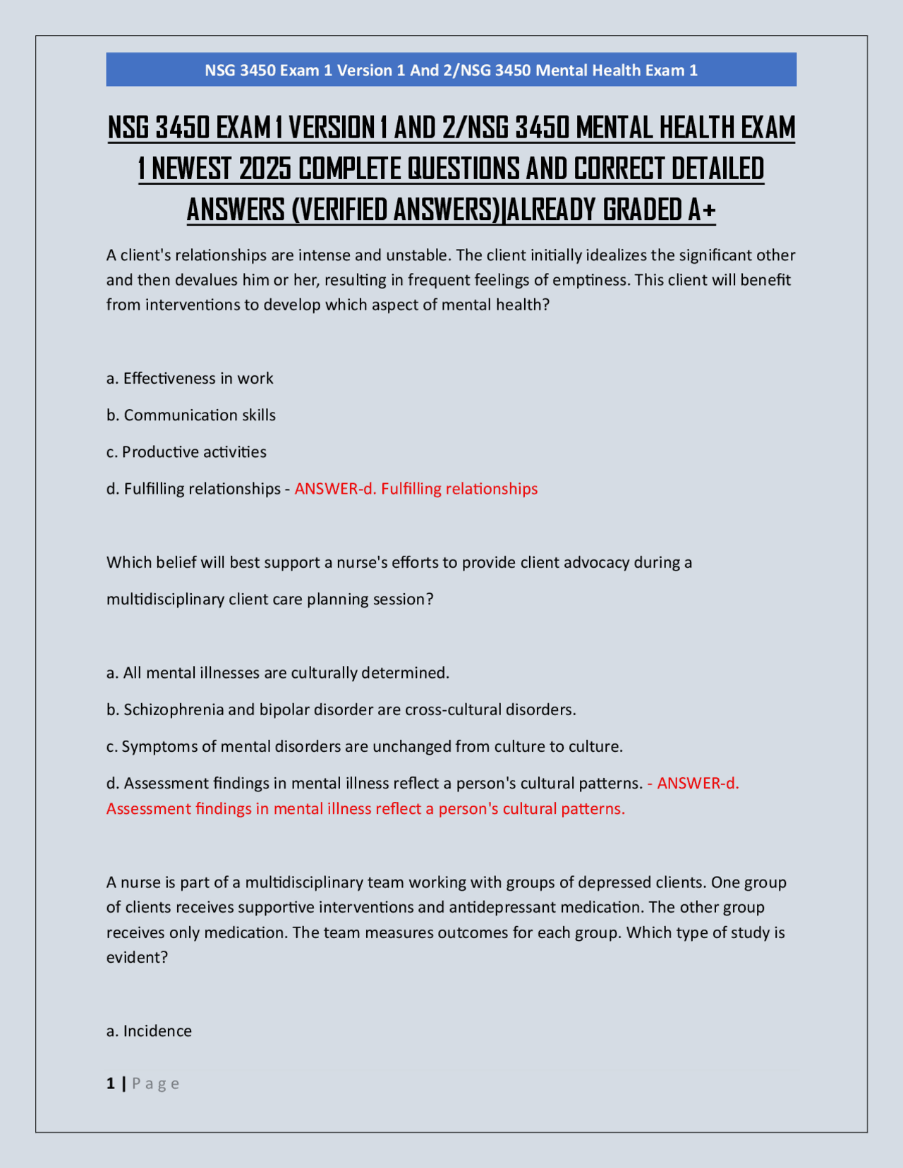 NSG 3450 EXAM 1 VERSION 1 AND 2/NSG 3450 MENTAL HEALTH EXAM 1 NEWEST 2025 COMPLETE QUESTI ...
