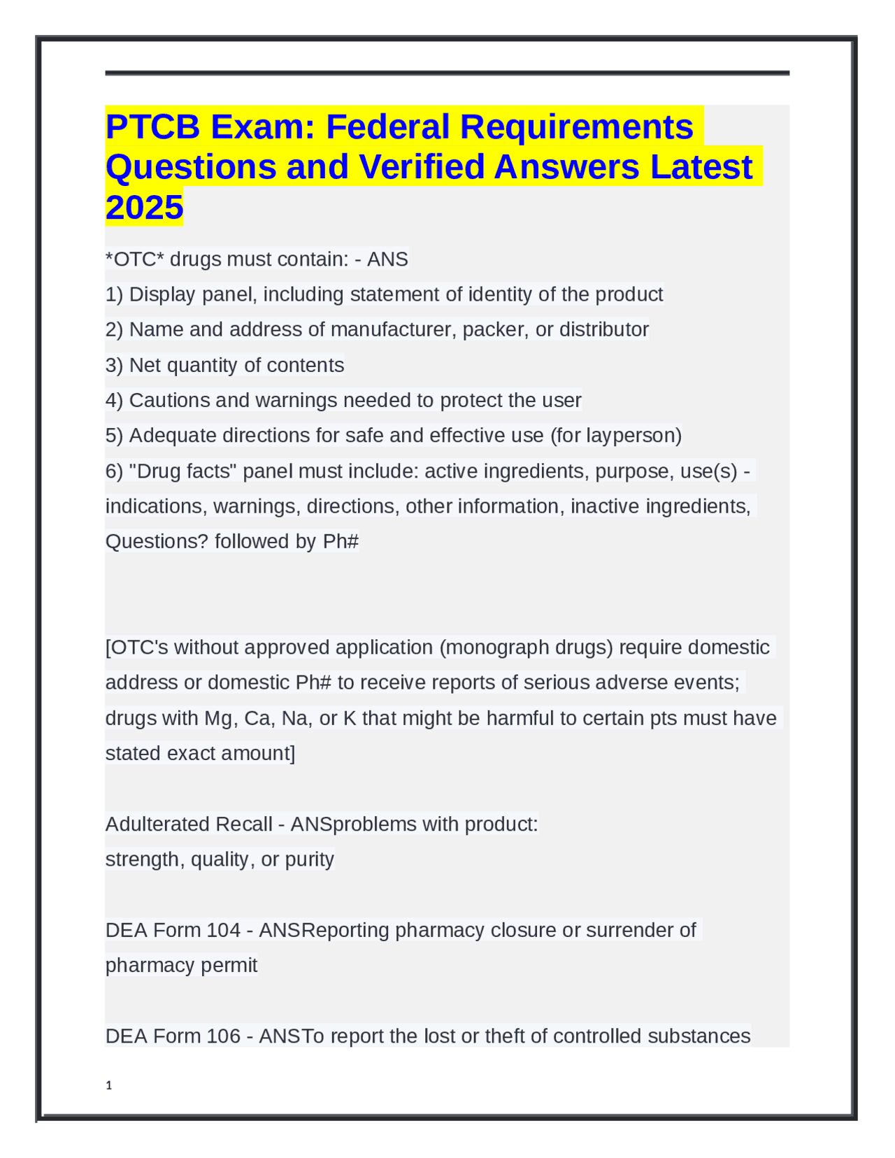 PTCB Exam: Federal Requirements Questions and Verified Answers Latest ...