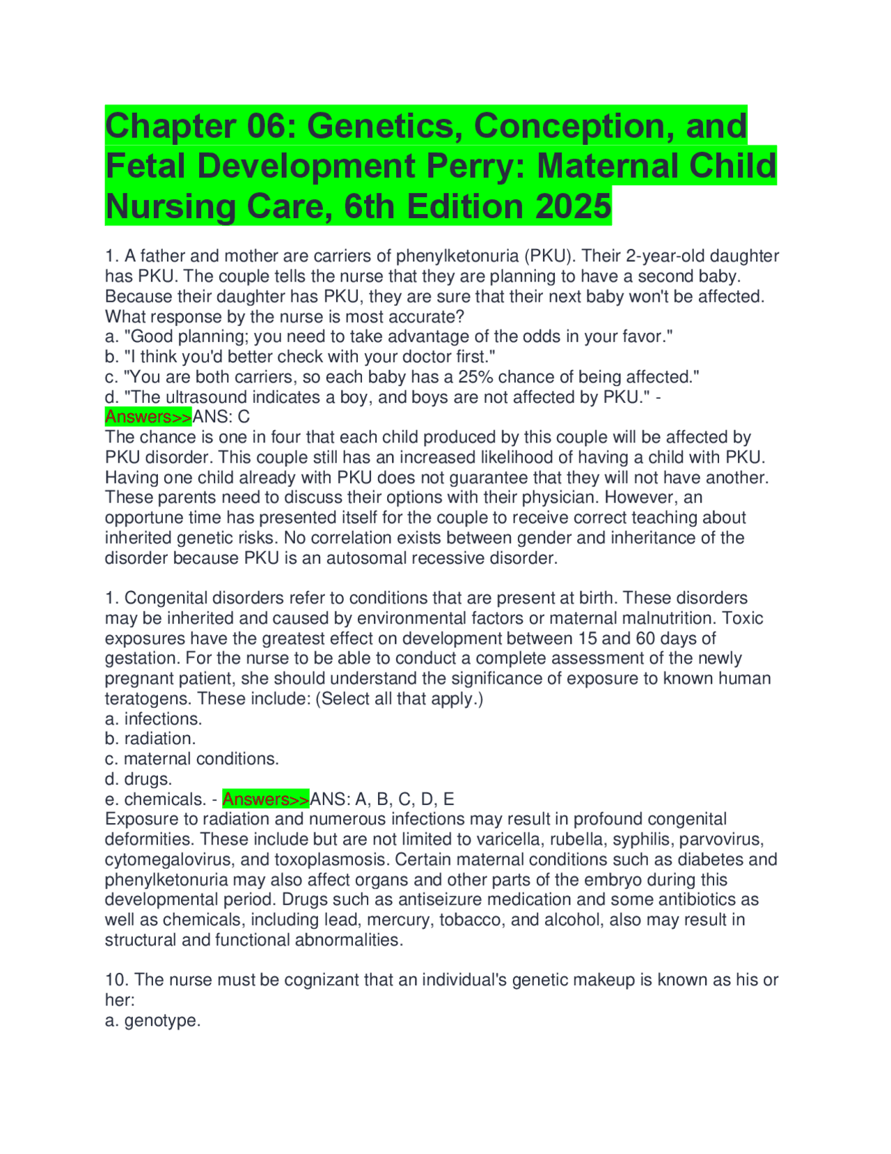 Chapter 06: Genetics, Conception, and Fetal Development Perry: Maternal ...