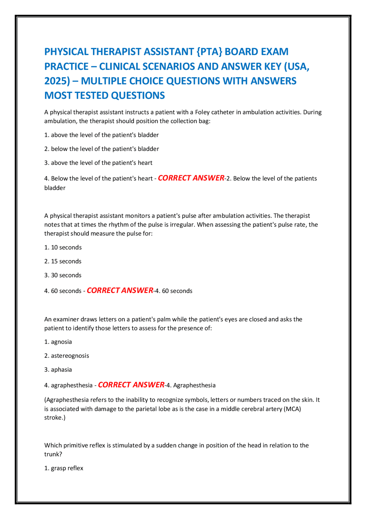 PHYSICAL THERAPIST ASSISTANT {PTA} BOARD EXAM PRACTICE – CLINICAL ...