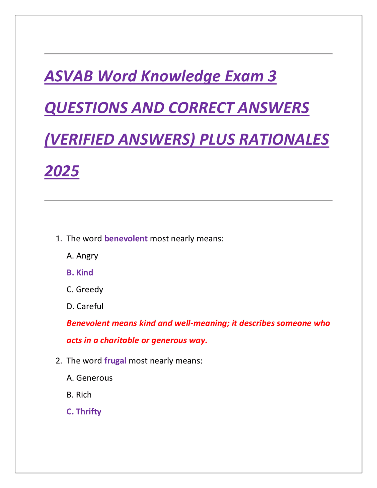 ASVAB Word Knowledge Exam 3 QUESTIONS AND CORRECT ANSWERS (VERIFIED ...