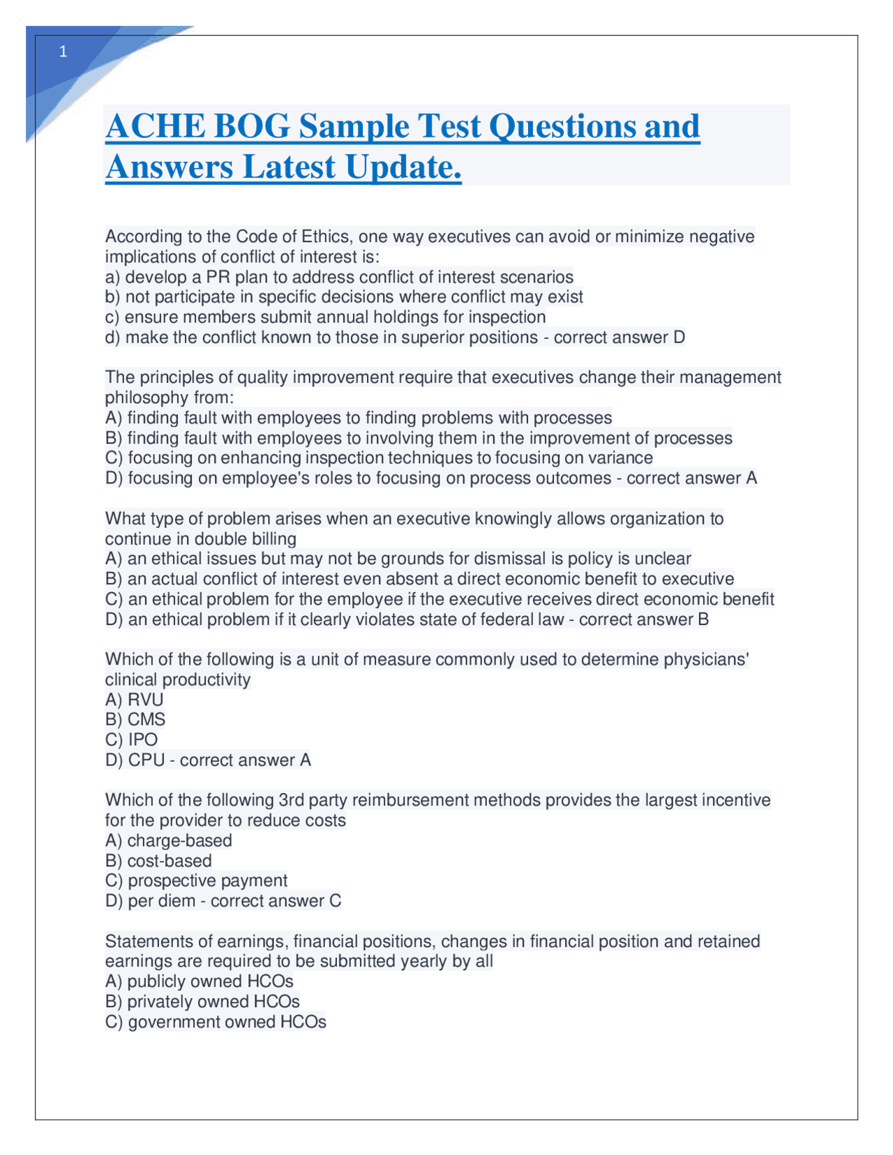 ACHE BOG Sample Test Questions and Answers Latest Update. | Exams ...