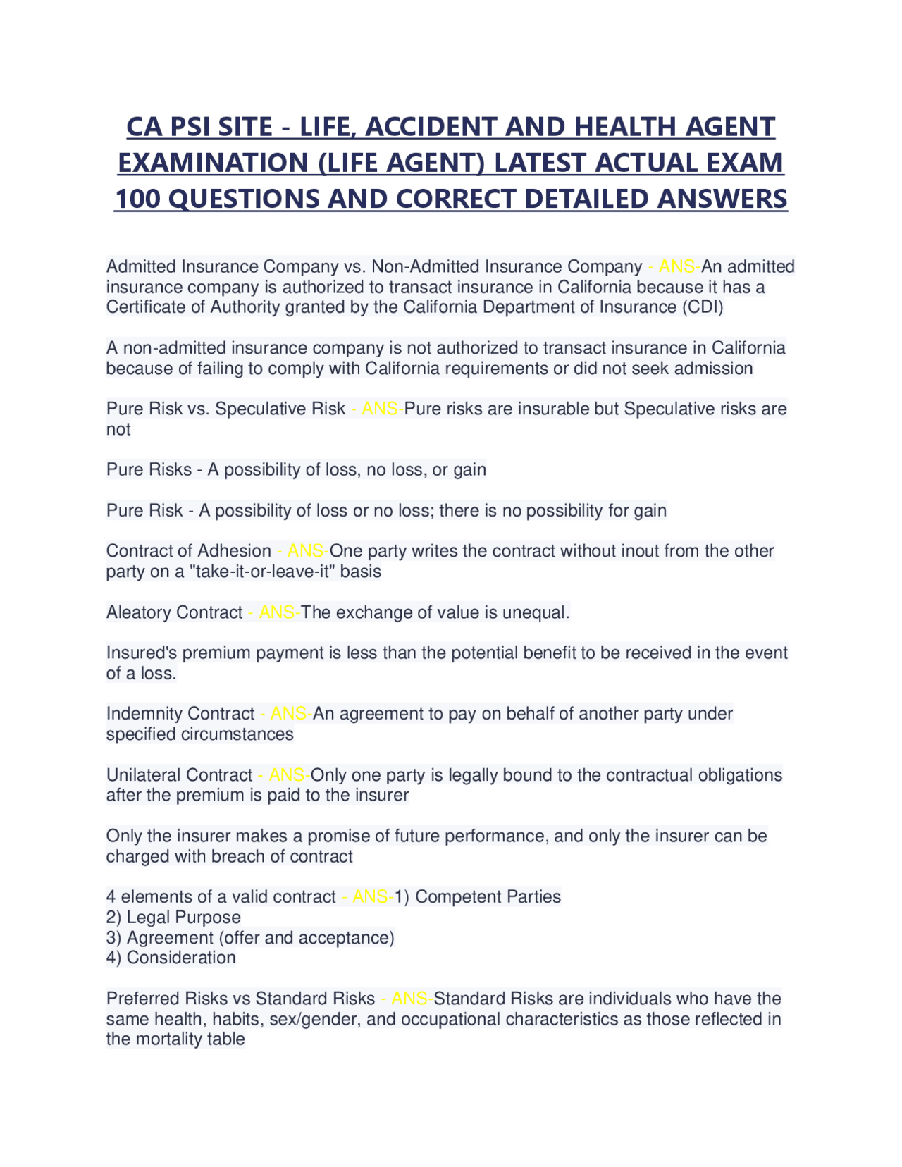 CA PSI SITE - LIFE, ACCIDENT AND HEALTH AGENT EXAMINATION (LIFE AGENT ...