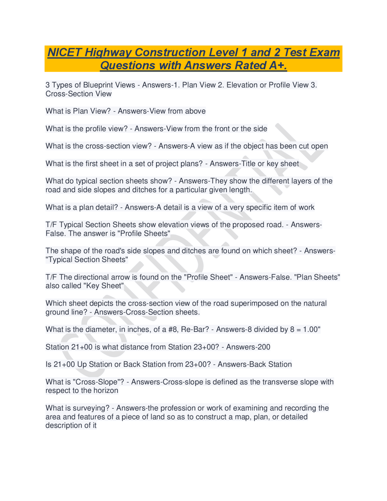 NICET Highway Construction Level 1 and 2 Test Exam Questions with ...