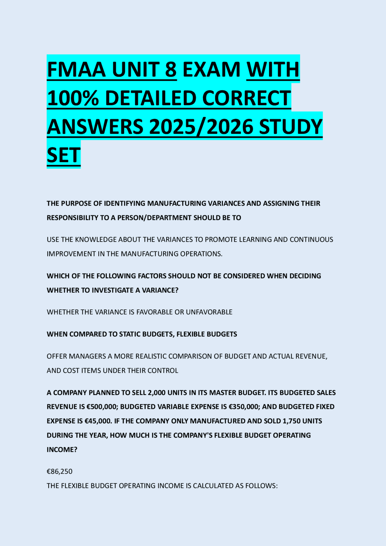 FMAA UNIT 8 EXAM WITH 100% DETAILED CORRECT ANSWERS 2025/2026 STUDY SET ...