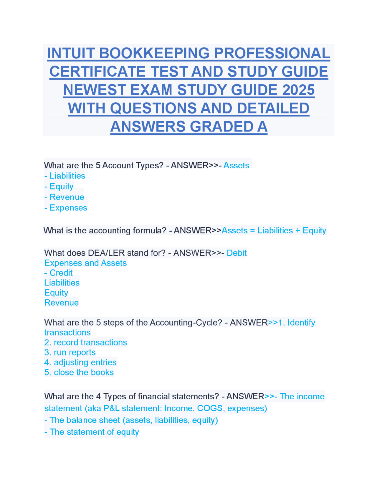 INTUIT BOOKKEEPING PROFESSIONAL CERTIFICATE TEST AND STUDY GUIDE NEWEST ...
