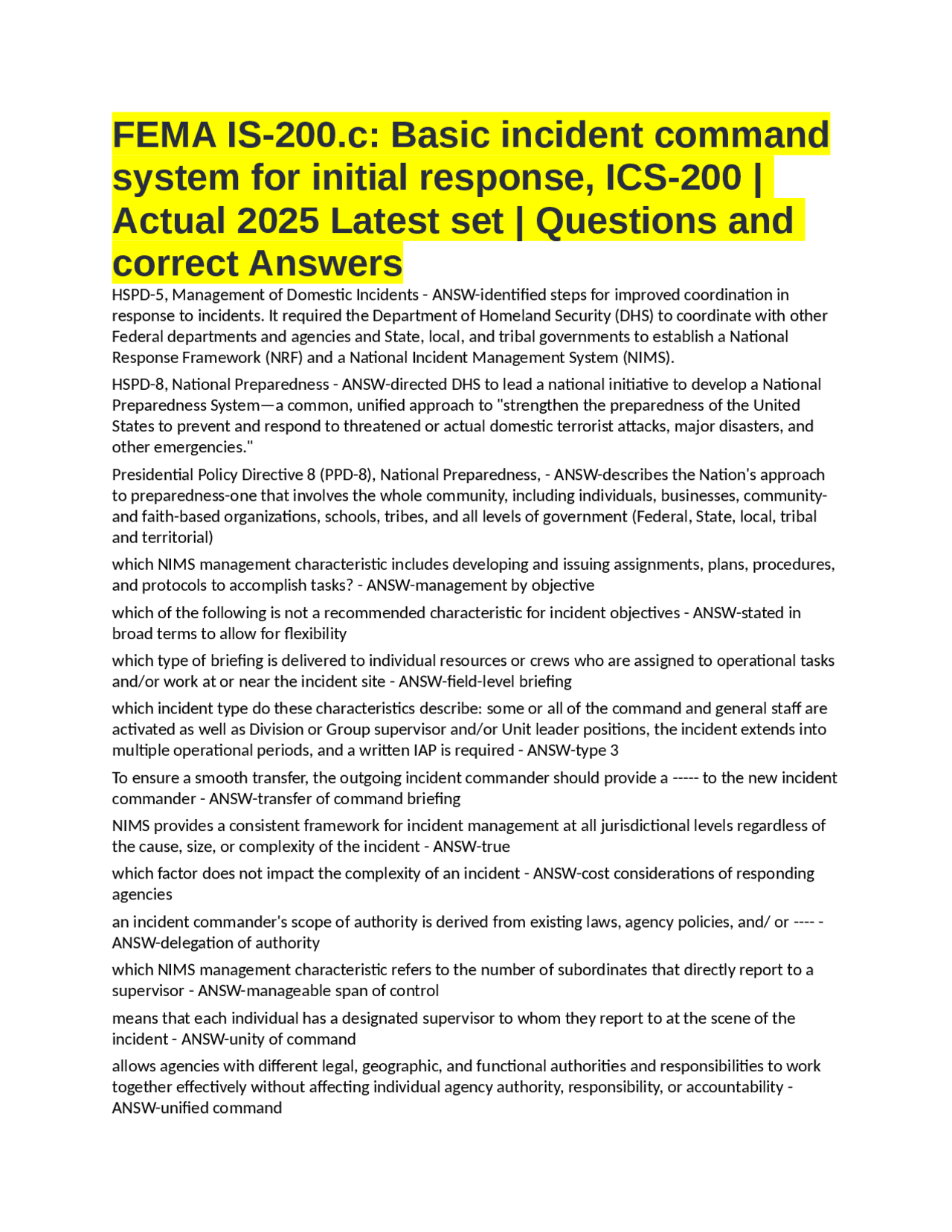 FEMA IS-200.c: Basic incident command system for initial response, ICS ...