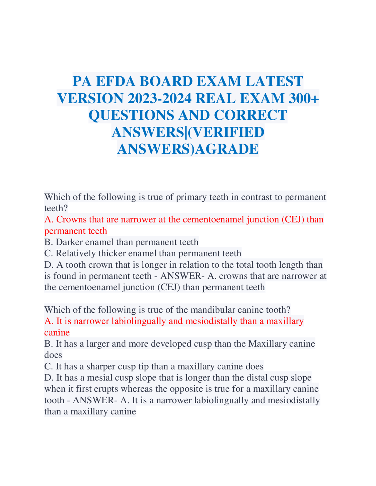 PA EFDA BOARD EXAM LATEST VERSION 2023-2024 REAL EXAM 300+ QUESTIONS ...
