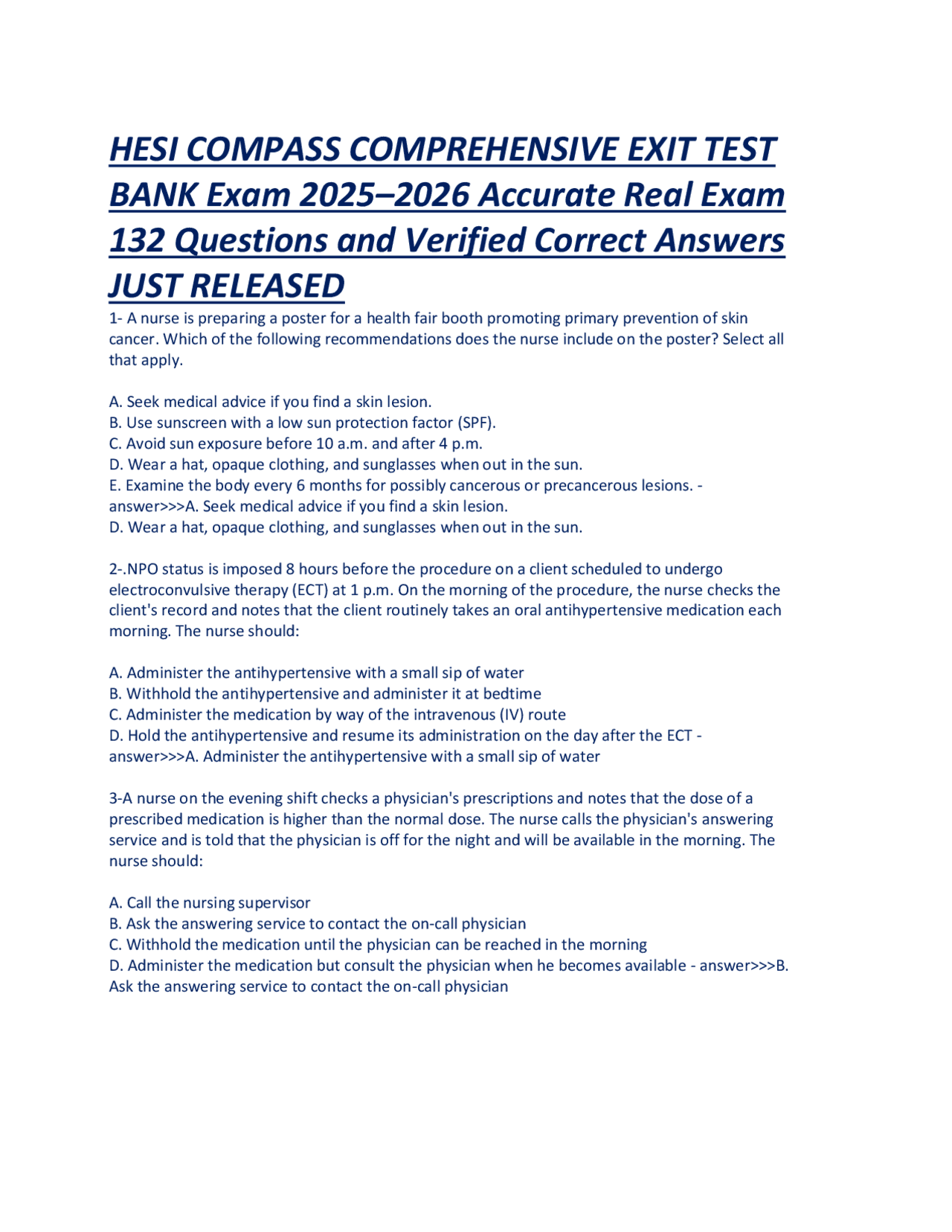 HESI COMPASS COMPREHENSIVE EXIT TEST BANK Exam 2025–2026 NCLEX ...