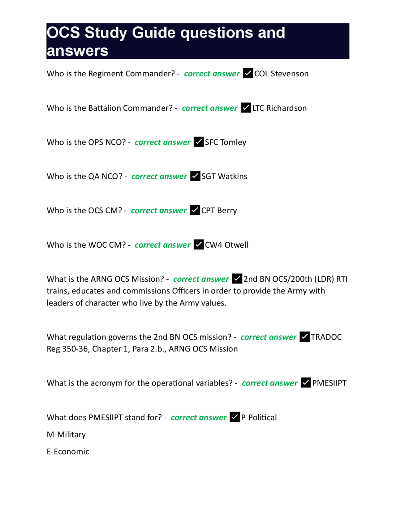 OCS Study Guide questions and answers | Exams Nursing | Docsity