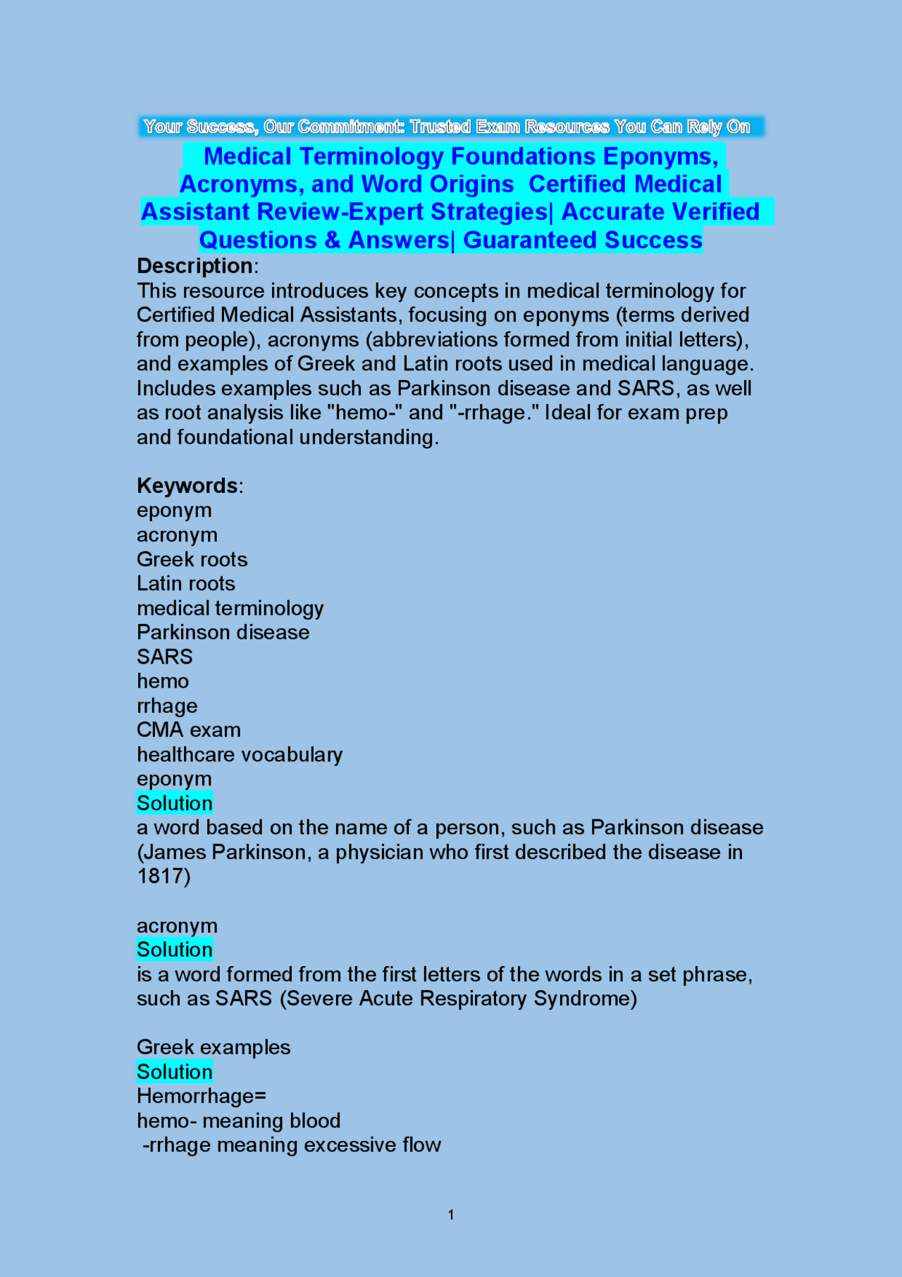Medical Terminology: Eponyms, Acronyms, and Word Origins | Exams ...