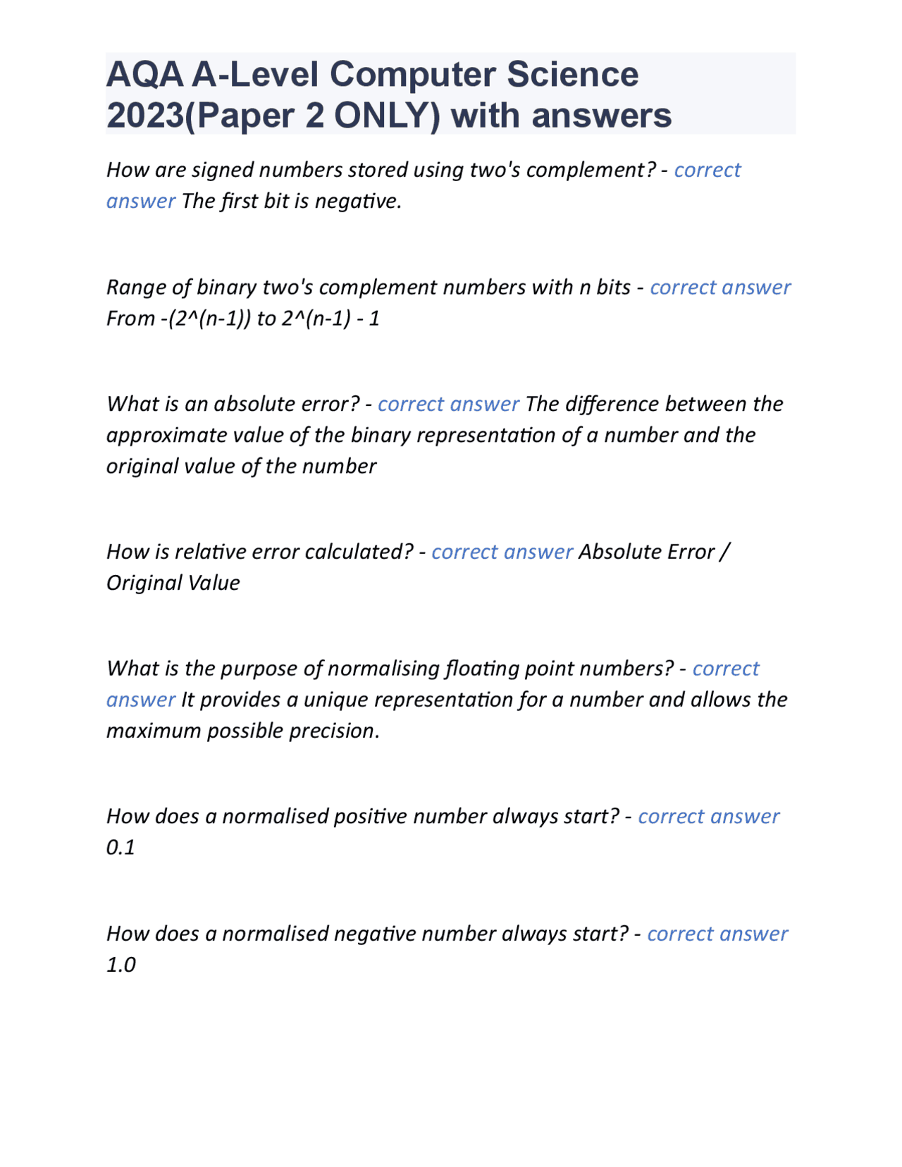 AQA A-Level Computer Science 2023(Paper 2 ONLY) with answers. | Exams ...