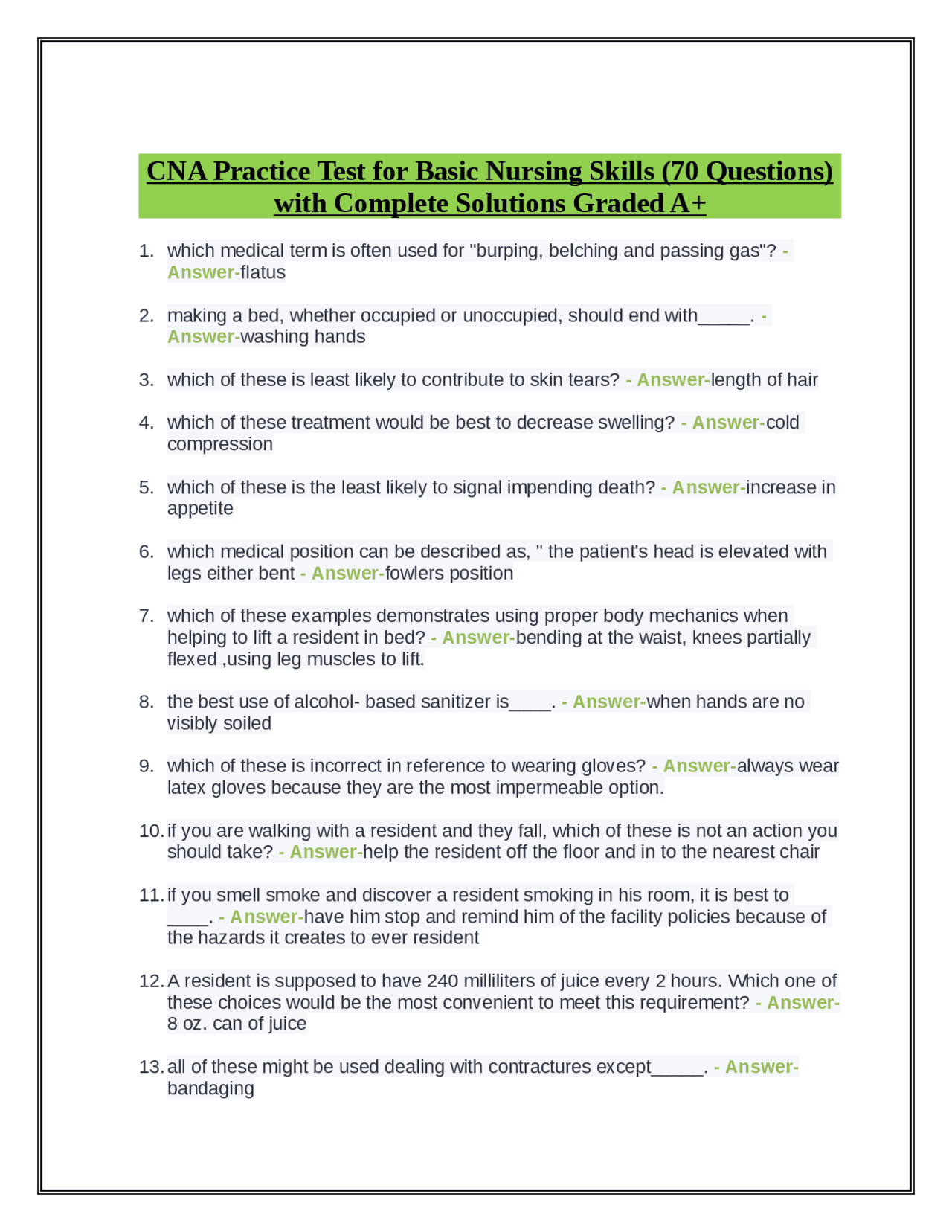 CNA Practice Test for Basic Nursing Skills (70 Questions) with Complete ...