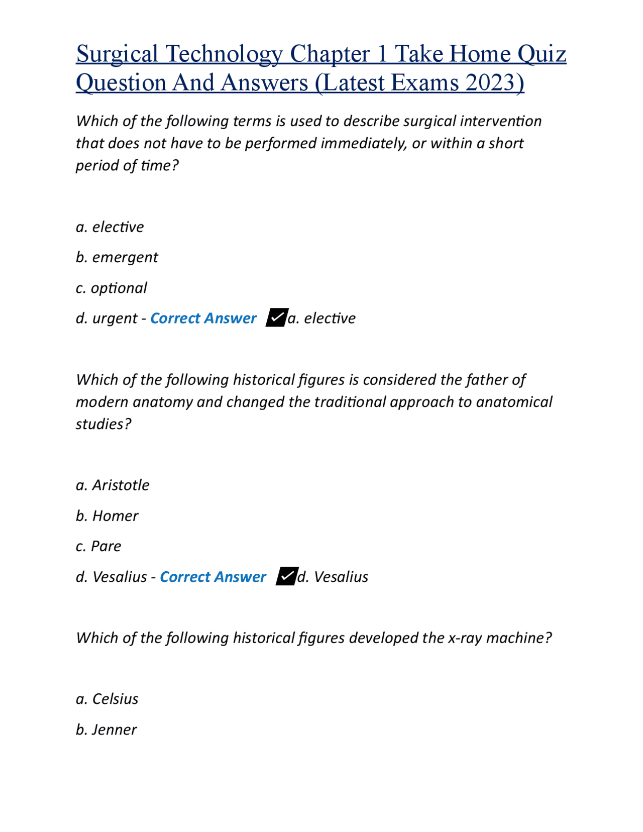 Surgical Technology Chapter 1 Take Home Quiz Question And Answers ...