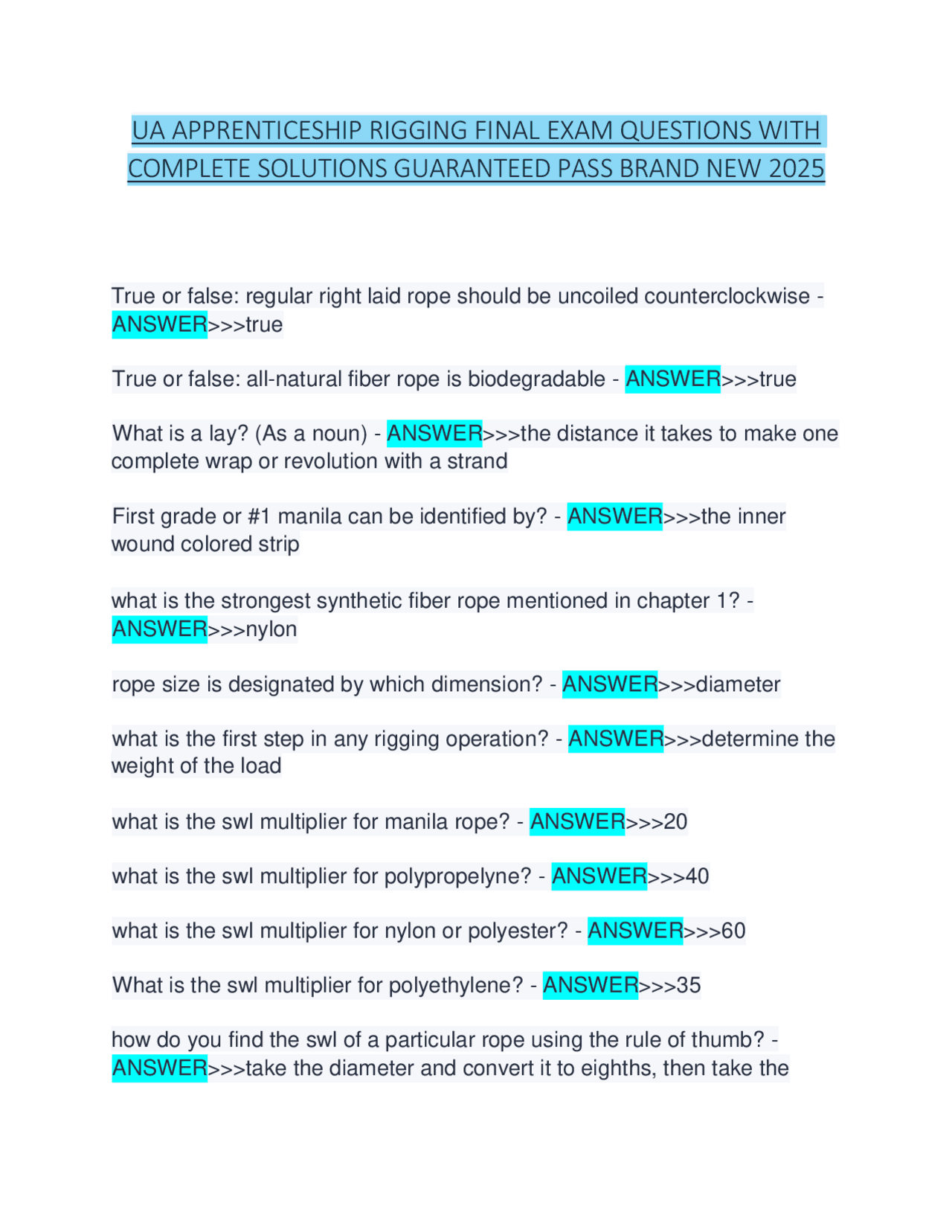 UA_APPRENTICESHIP_RIGGING_FINAL_EXAM_QUESTIONS | Exams Nursing | Docsity