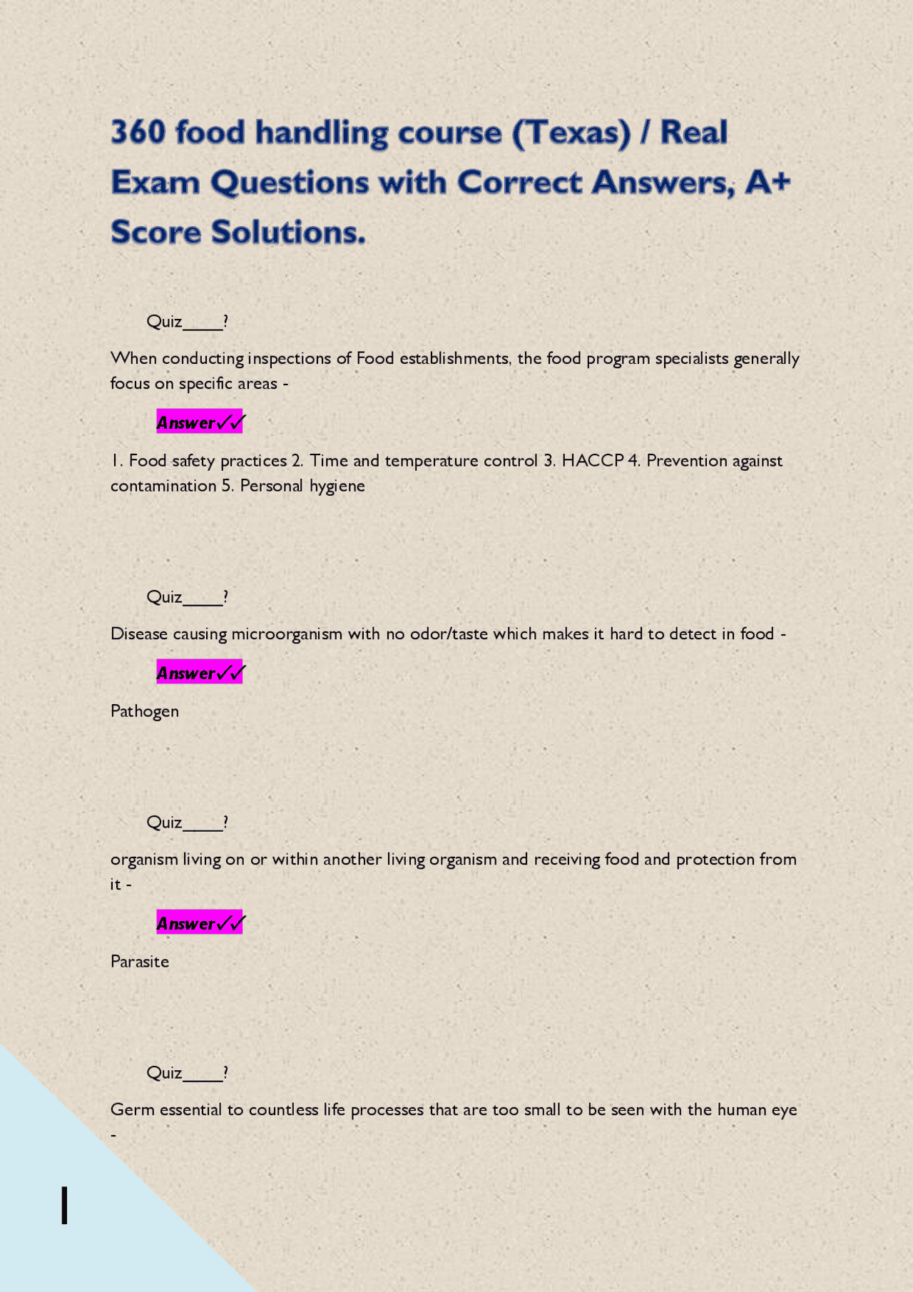 360 food handling course (Texas) / Real Exam Questions with Correct ...